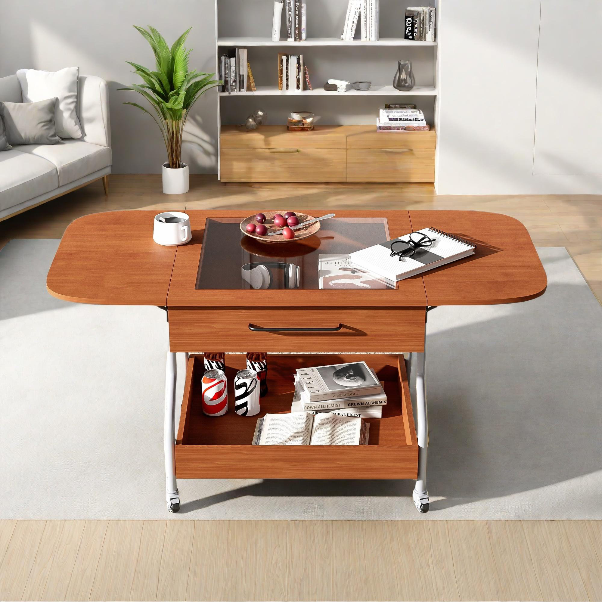 Latitude Run® Modern Extended Coffee Table With Wheels, 1 Drawer, 2 ...