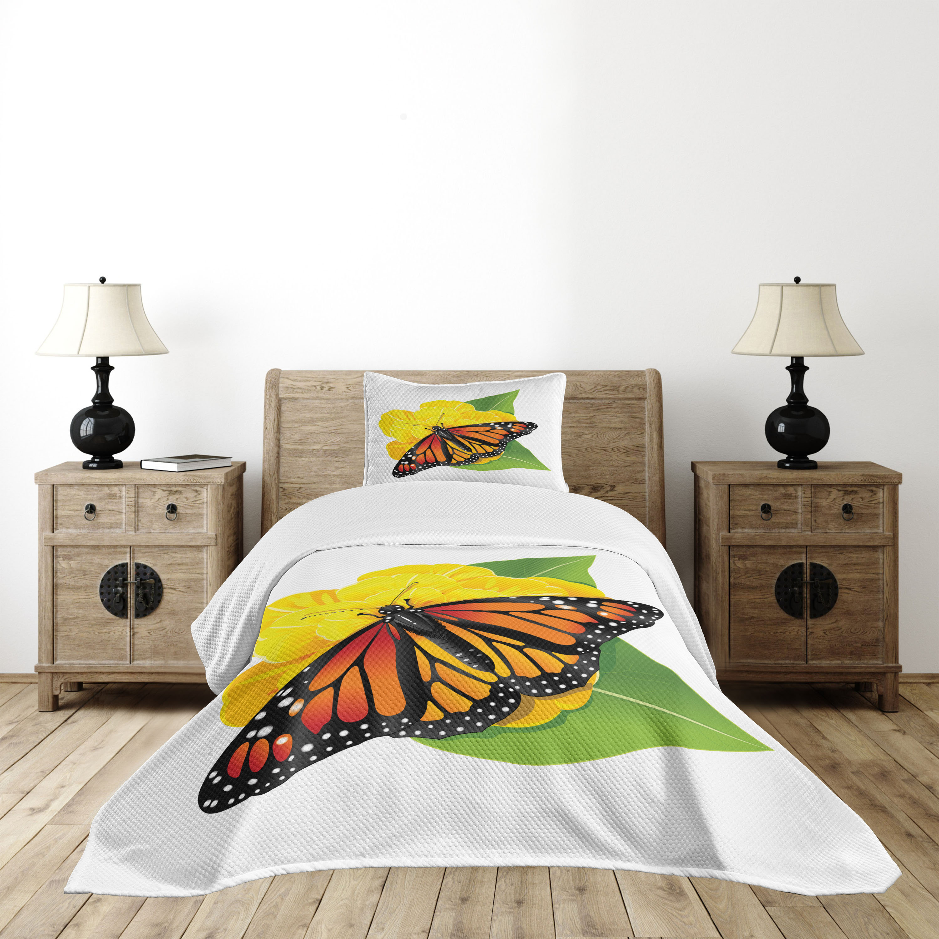Ambesonne Butterfly Bedspread Set Moth Flower Yellow Green Orange | Wayfair