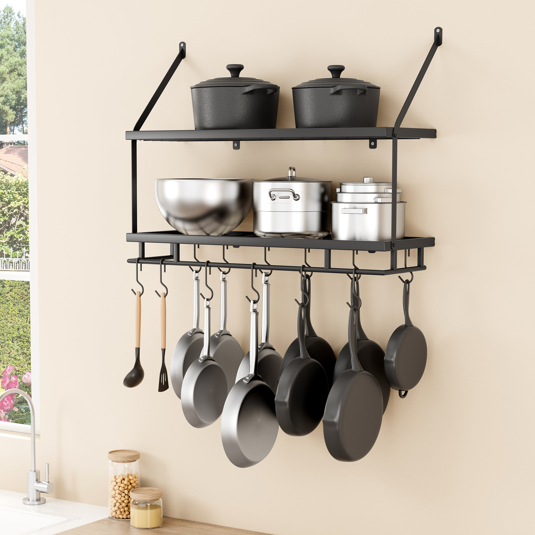 Prep & Savour Wall Mounted Pot Rack Kitchen 30 Inch 2-Tier Wall Shelf ...