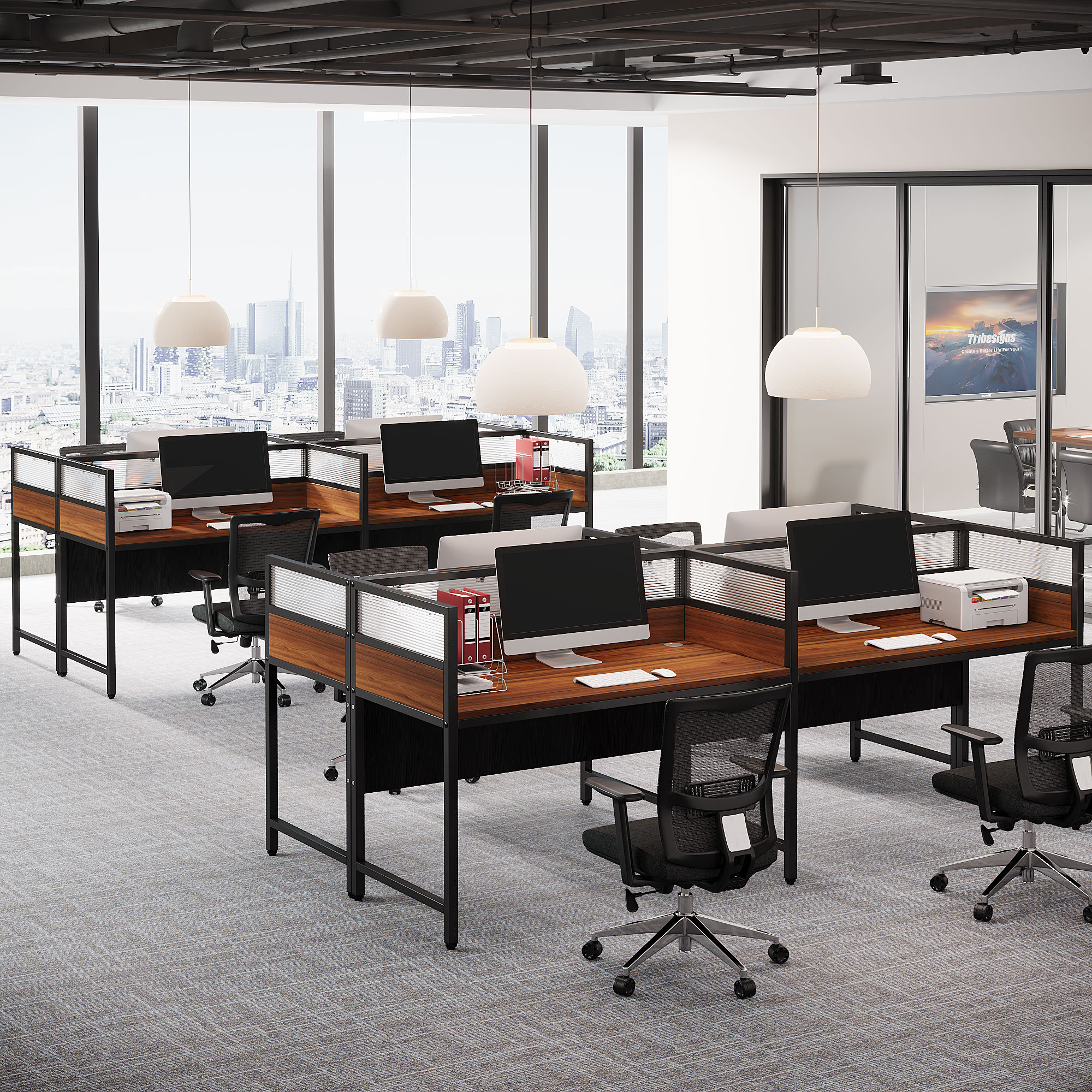 17 Stories 94.5" Two-Person Office Desk, Long Computer Double Desk with ...