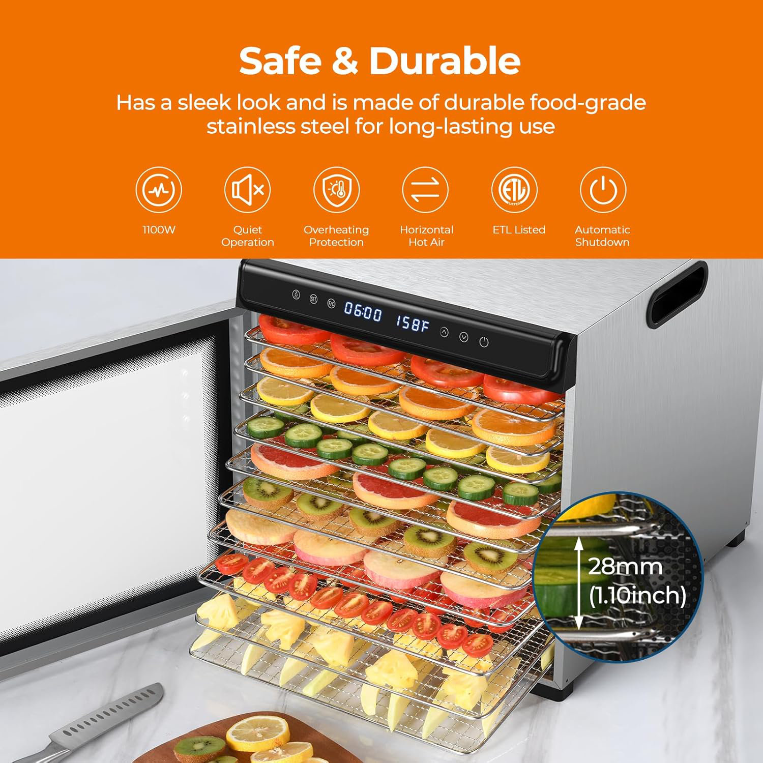 YASHE Food Dehydrator Machine, 10 Stainless Steel Food Dryer, 72H Timer ...