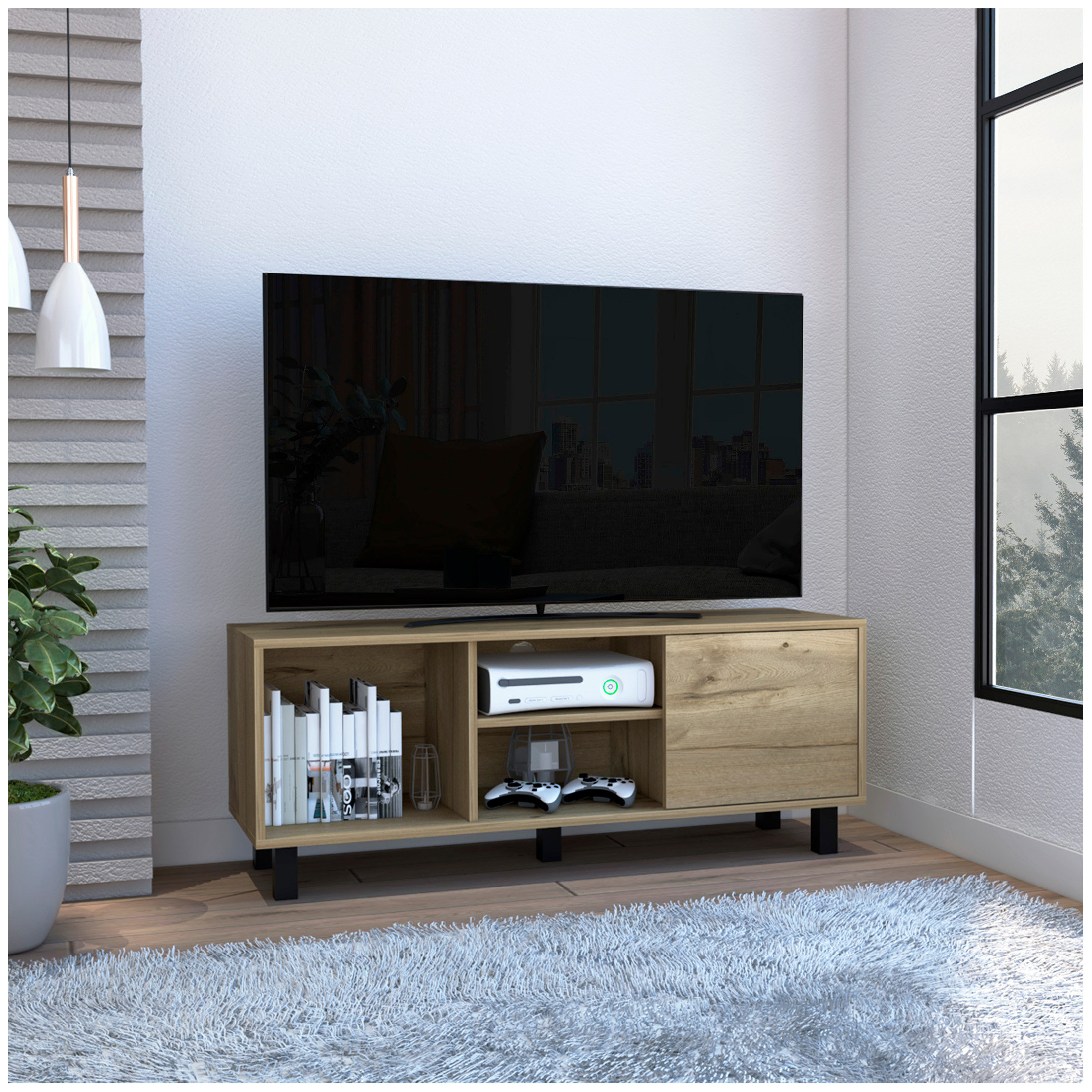 17 Stories Harrison 3-Shelf Rectangle TV Stand Light Oak | Wayfair