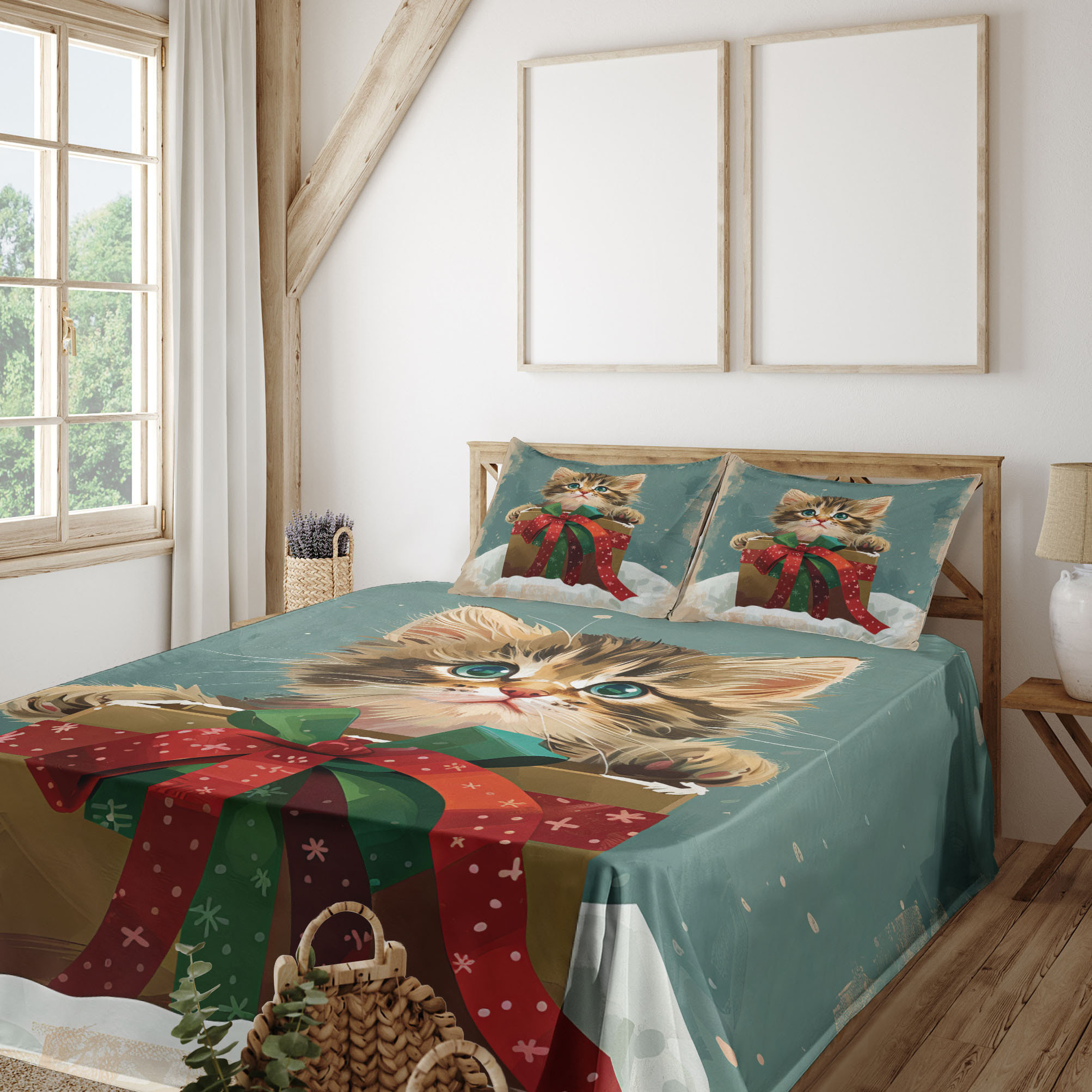 Ambesonne Christmas Sheet Set Cartoonish Tabby Cat Art Cadet Blue Fawn ...