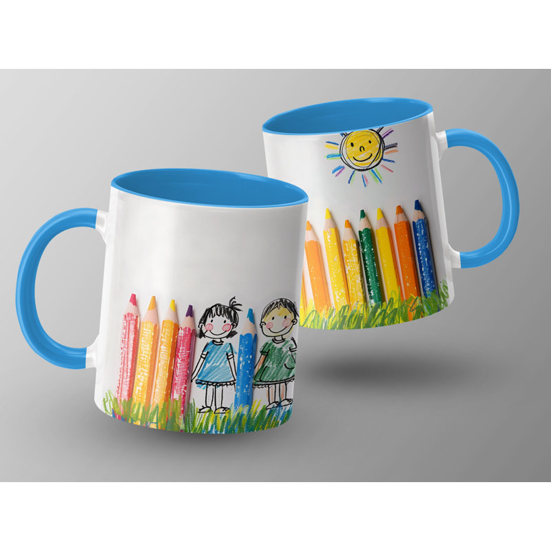 East Urban Home Kids Drawing Style 11oz Accent Mugs – White Ceramic ...