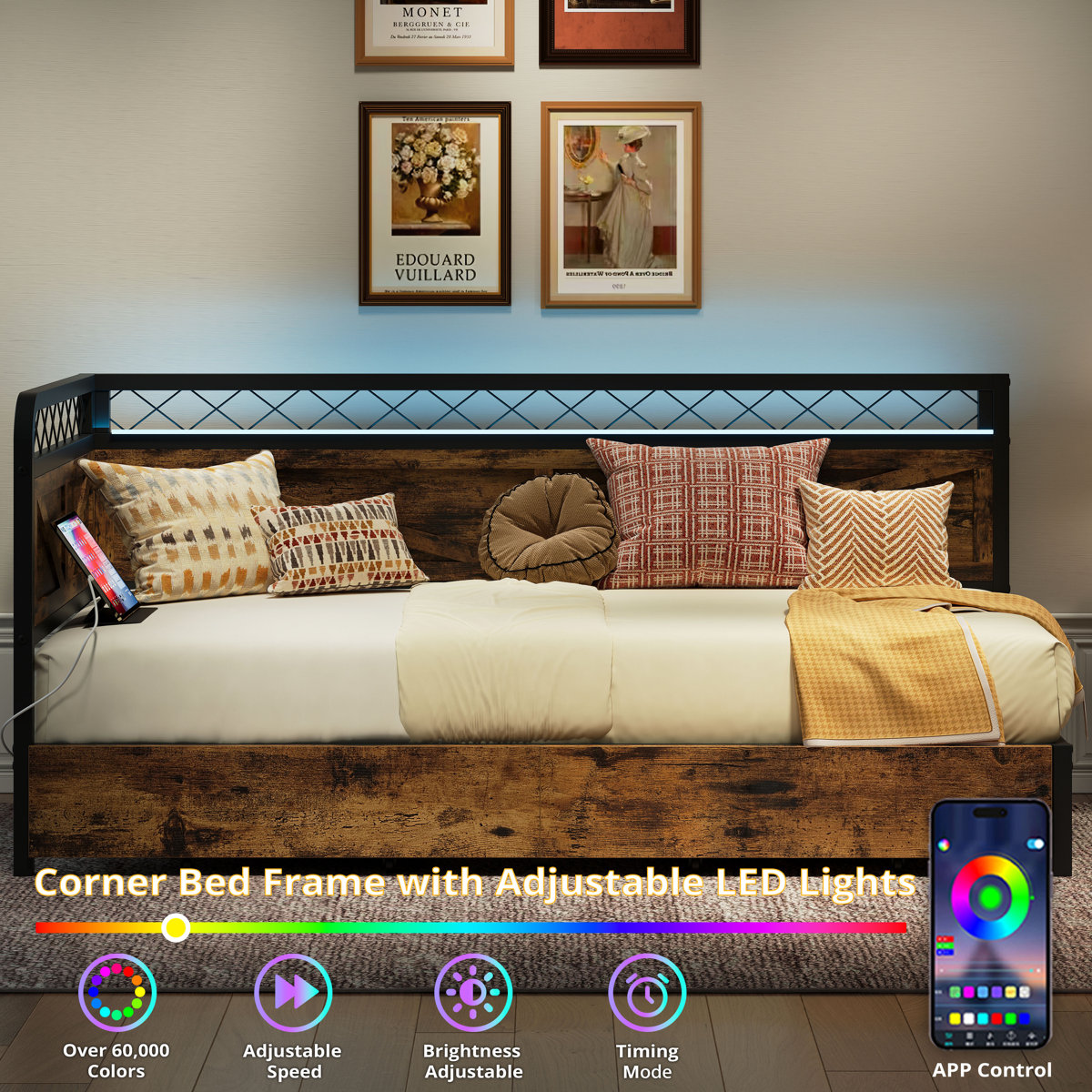 17 Stories Industrial Corner Daybed With LED Lights & Storage Drawer ...