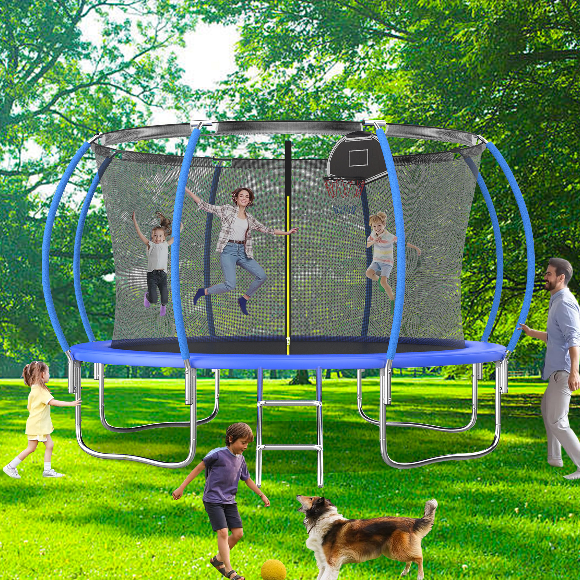 SUMIJ 12FT Round Backyard Tranpoline with Safety Enclosure Net and T ...