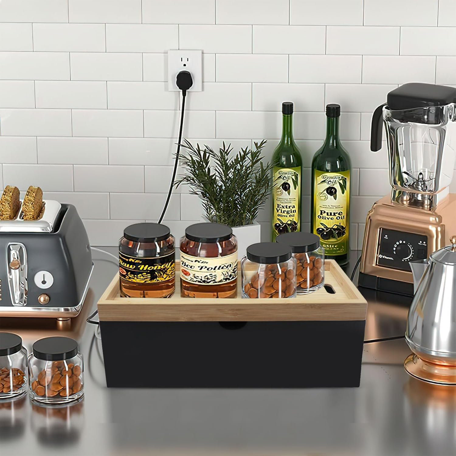 CHUANGWENYI Bamboo Cable Management Box, Large Cord Organizer Box Cable ...