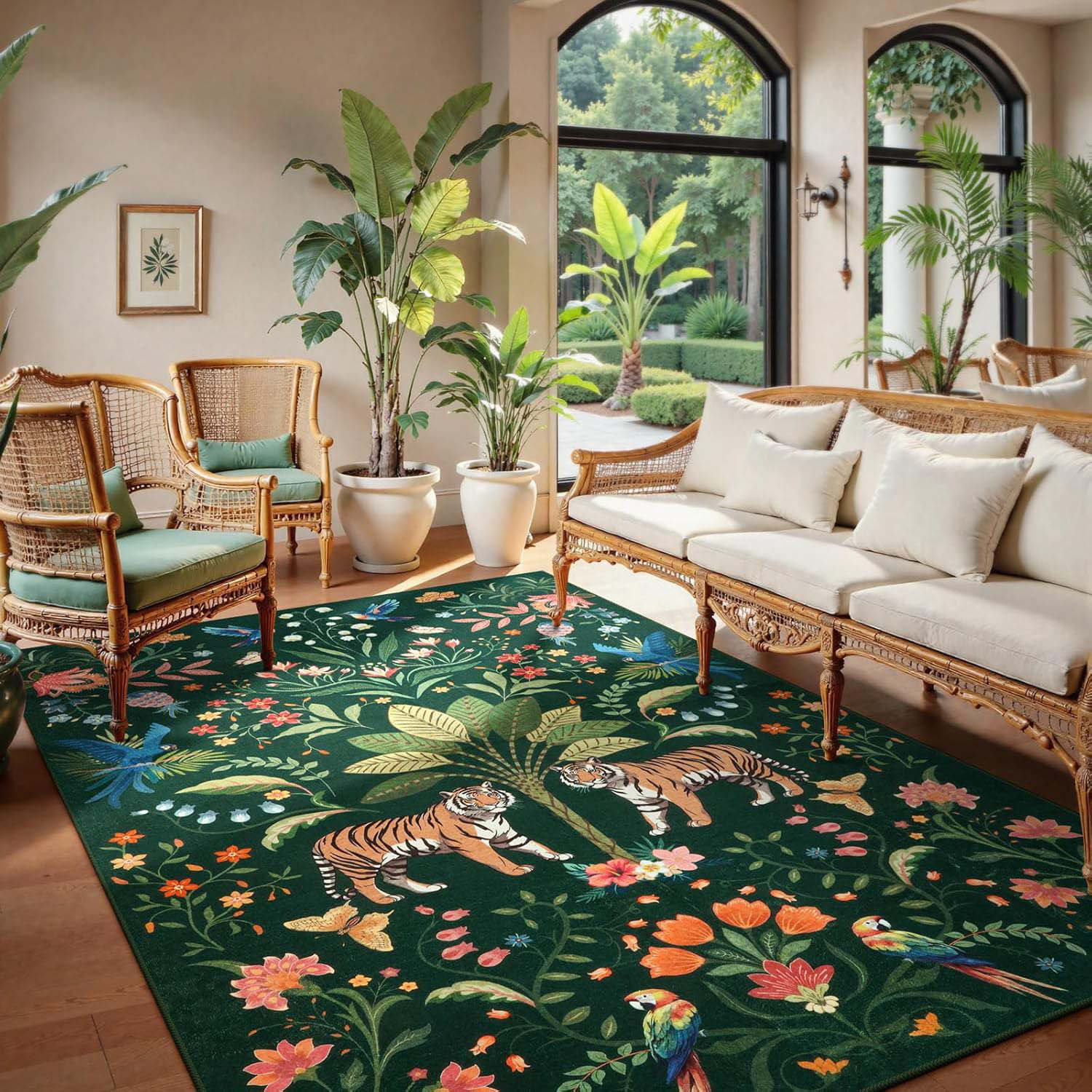 Bungalow Rose Seavish Green Forest Area Rug, 5X7 Jungle Tiger Print ...