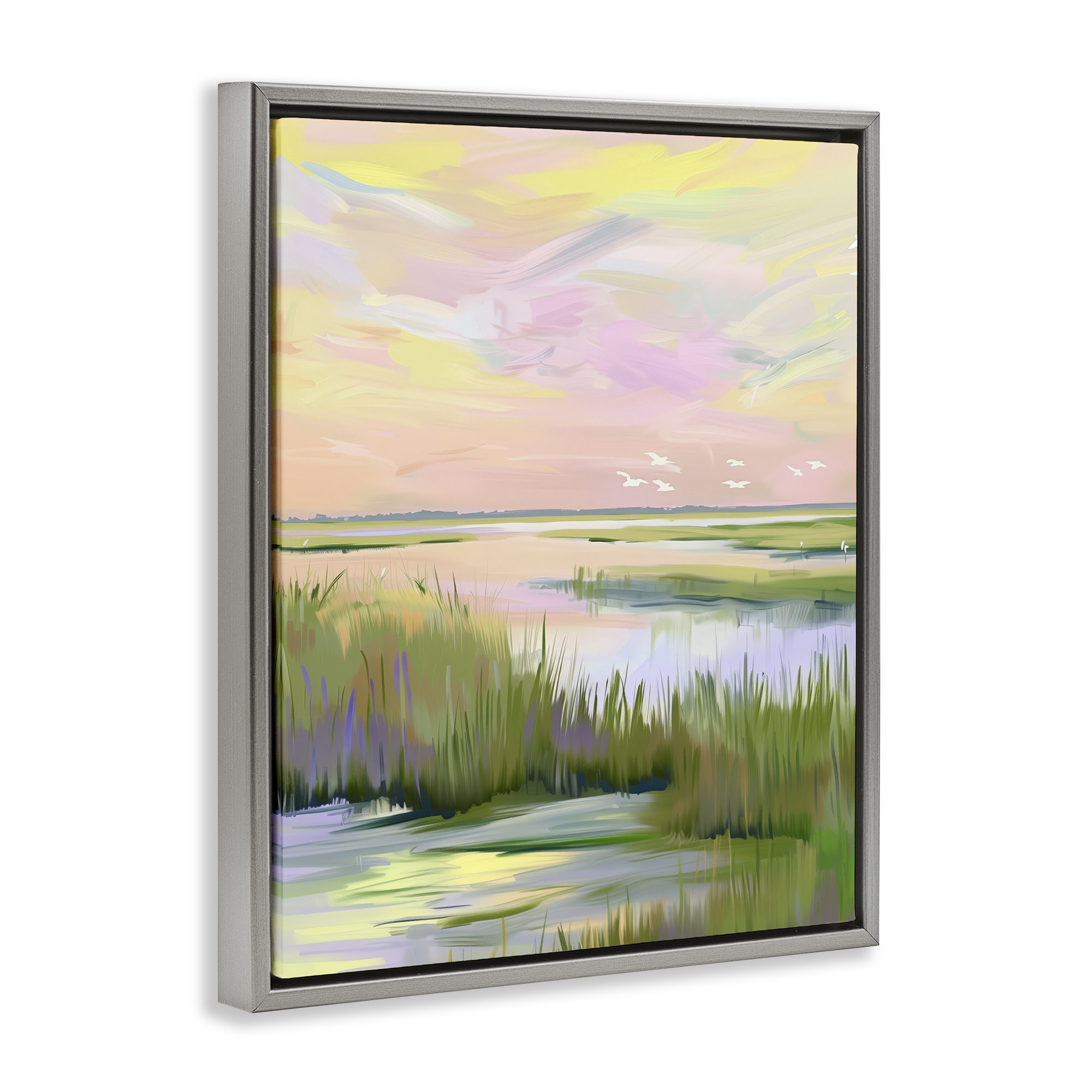 Highland Dunes Soft Pink Marshland Sunrise Floating Frame, design by ...