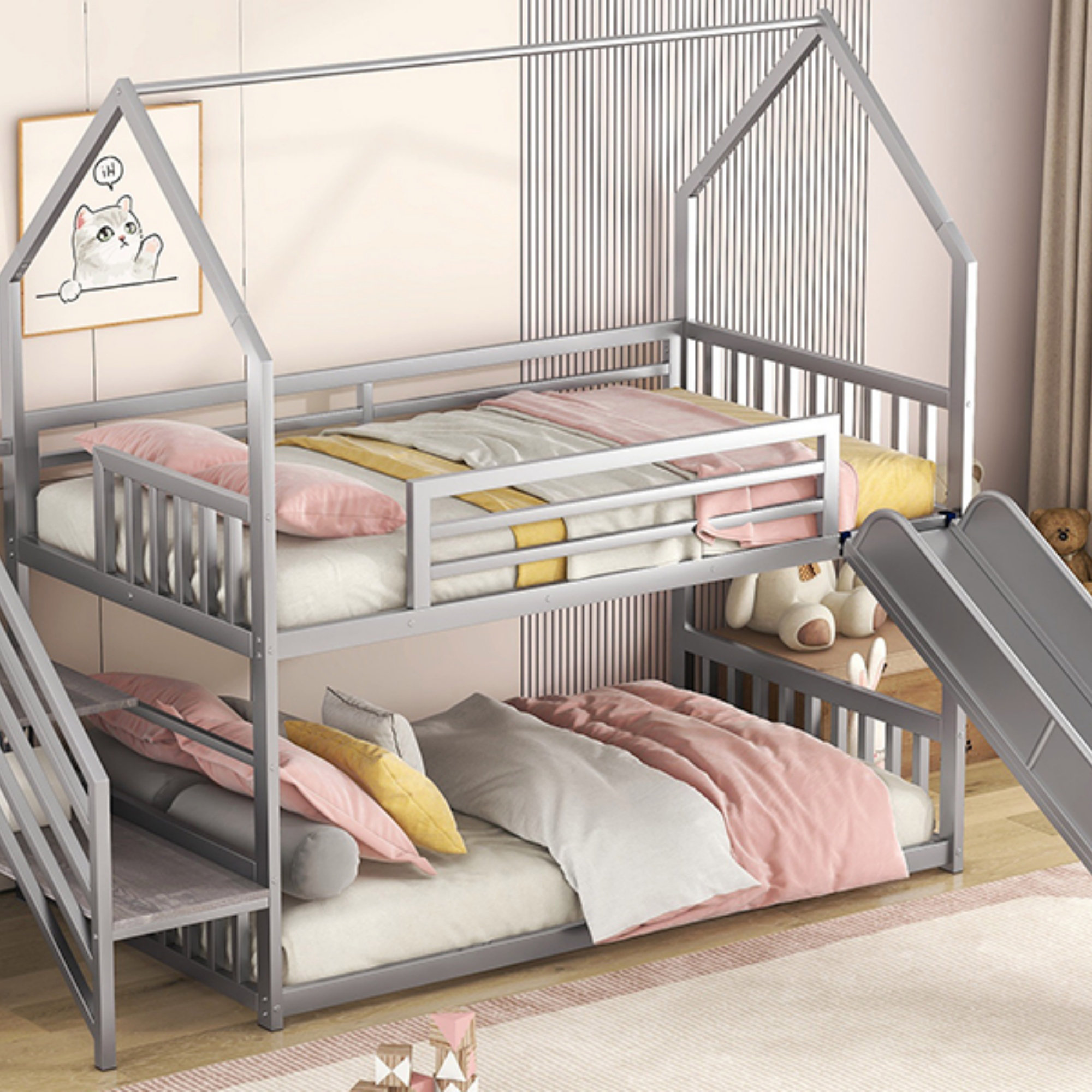 17 Stories Metal Bunk Bed House Bed With Slide And Staircase, Bed Frame ...