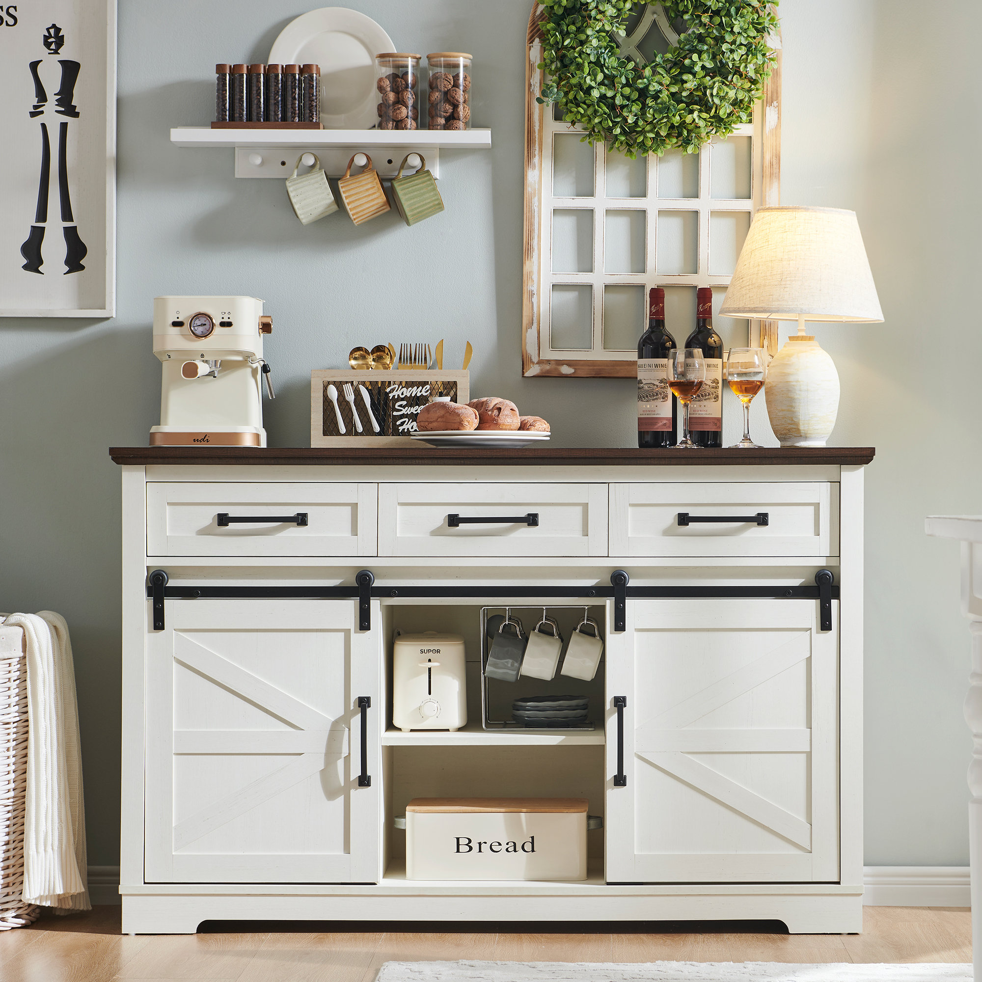 Gracie Oaks 54" Farmhouse Coffee Wine Bar Cabinet With storage ...