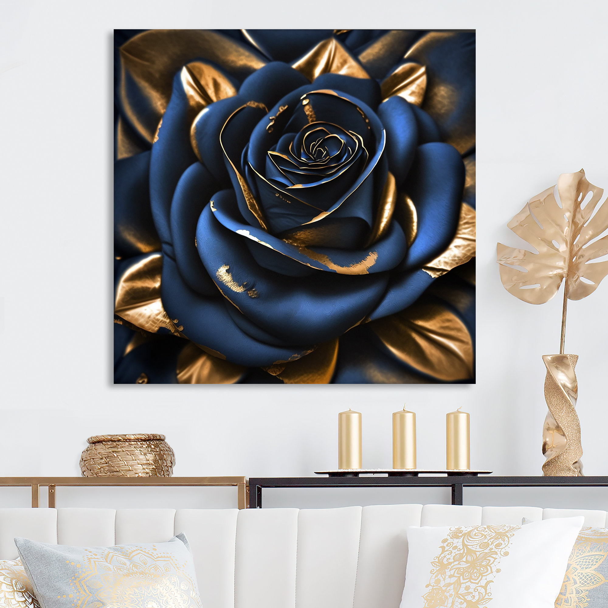 House of Hampton® Gilded Rose In Kings Blue II - Floral Rose Print on ...
