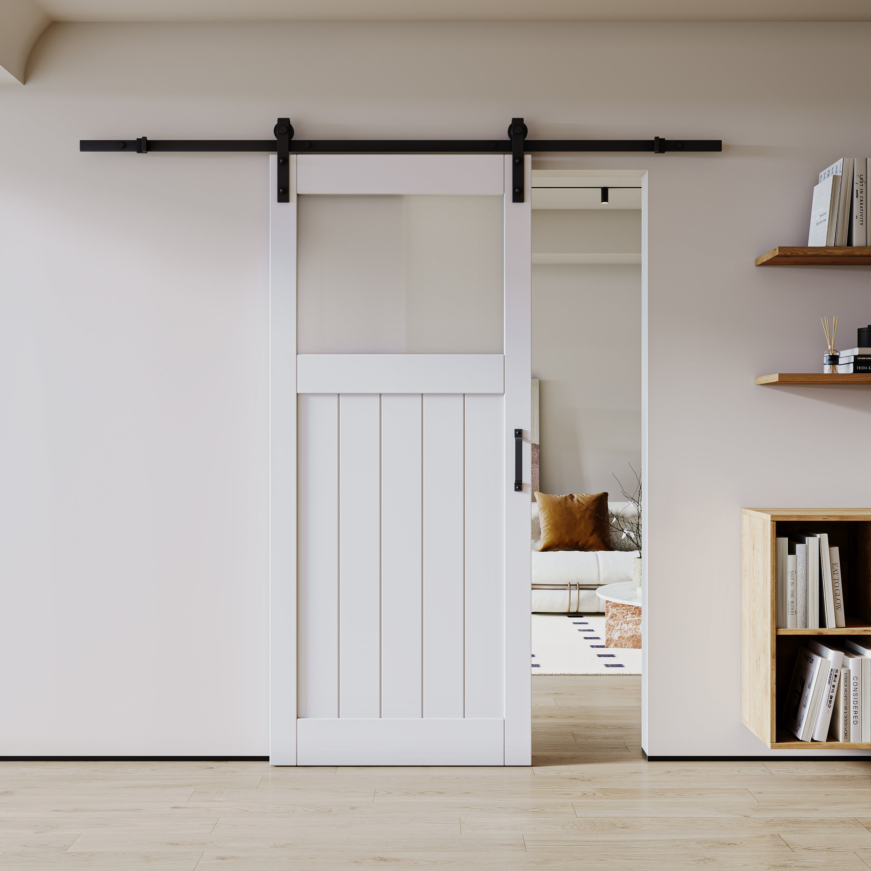 ARK DESIGN Glass and Manufactured Wood Barn Door with Hardware Kit ...