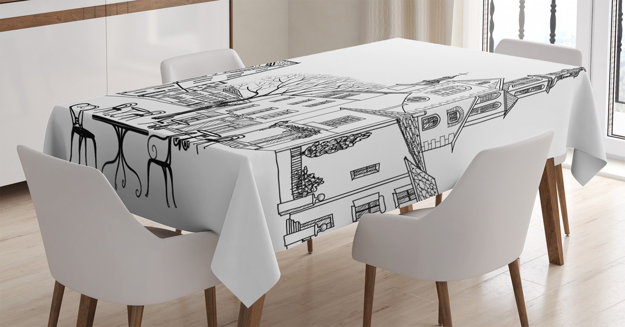 East Urban Home Cityscape Tablecloth, Street Cafe In Old City Houses ...