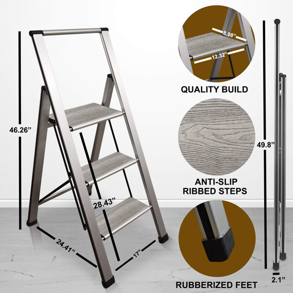 Sorfey Premium 3 Step Modern Gray Wood Ladder. Lightweight, Ultra Slim ...