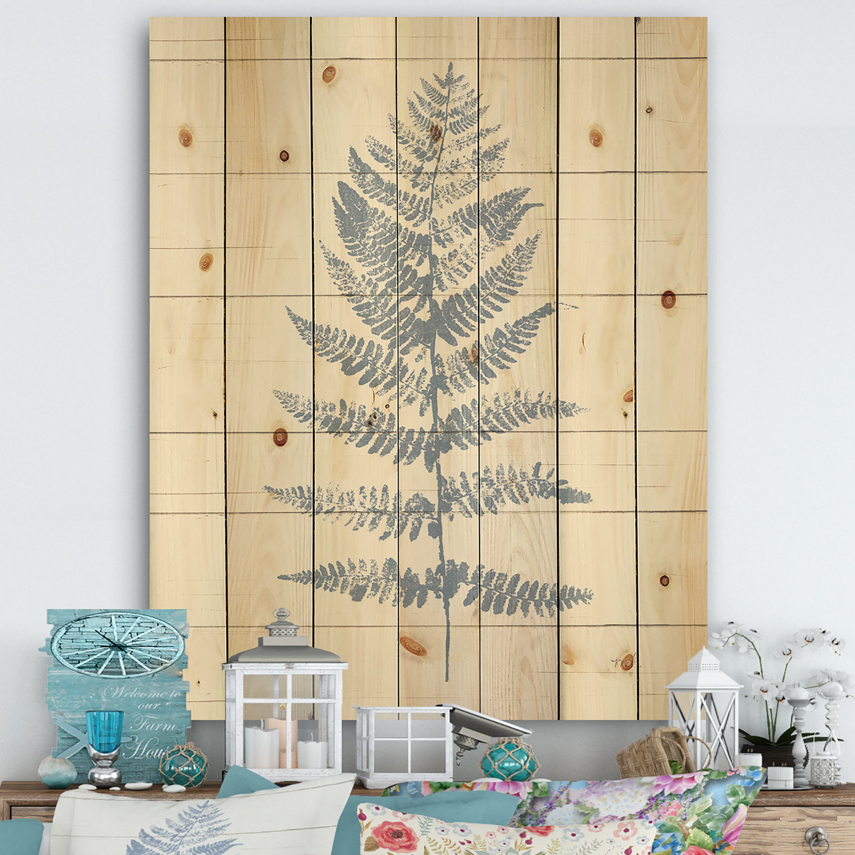 East Urban Home Blue Fern Print on Wood II - Cabin and Lodge Print on ...