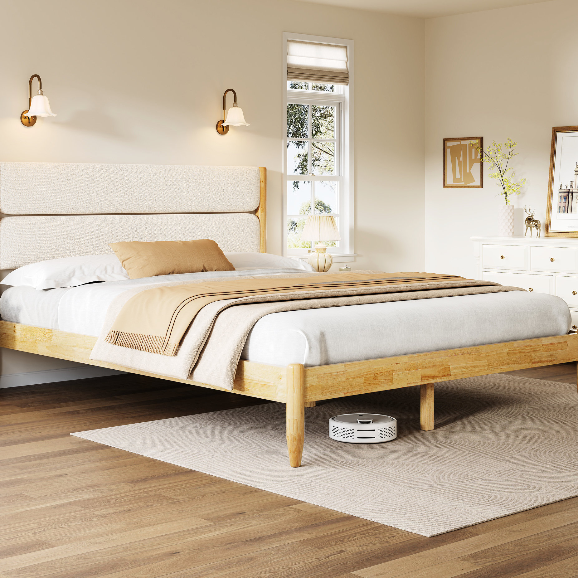 George Oliver Solid Wood Bed With Fleece Upholstered Headboard ...