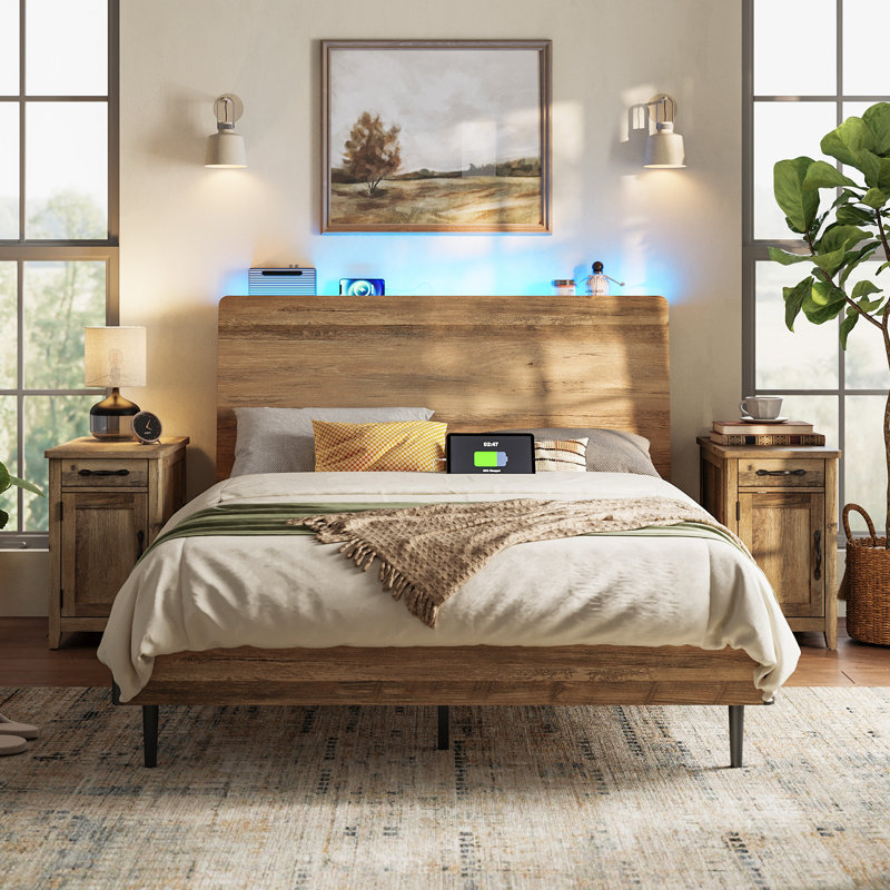 Millwood Pines Storage Shelf Bed Frame Wood With Lights, Outlets ...