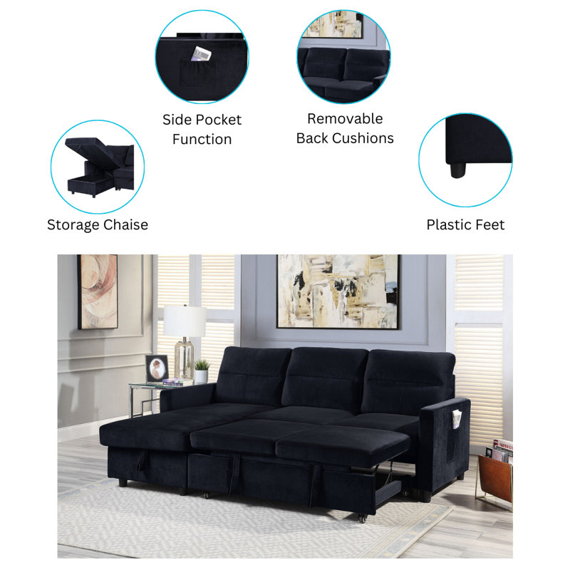 Everly Quinn Tro Black Velvet Reversible Sleeper Sectional Sofa with ...