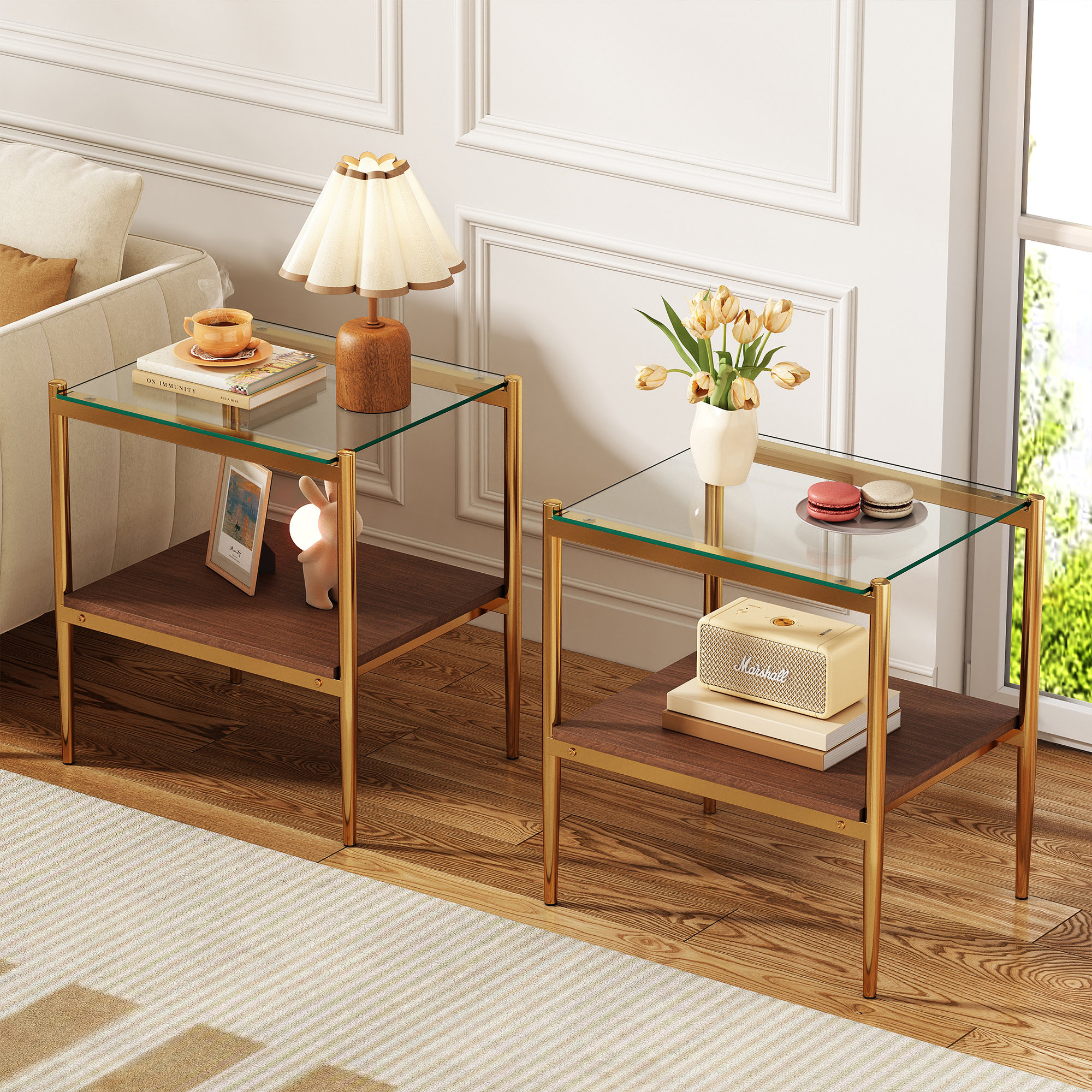 Mercer41 2-piece Modern End Tables Rectangle Side Table with Tempered Glass Top & MDF Storage ...