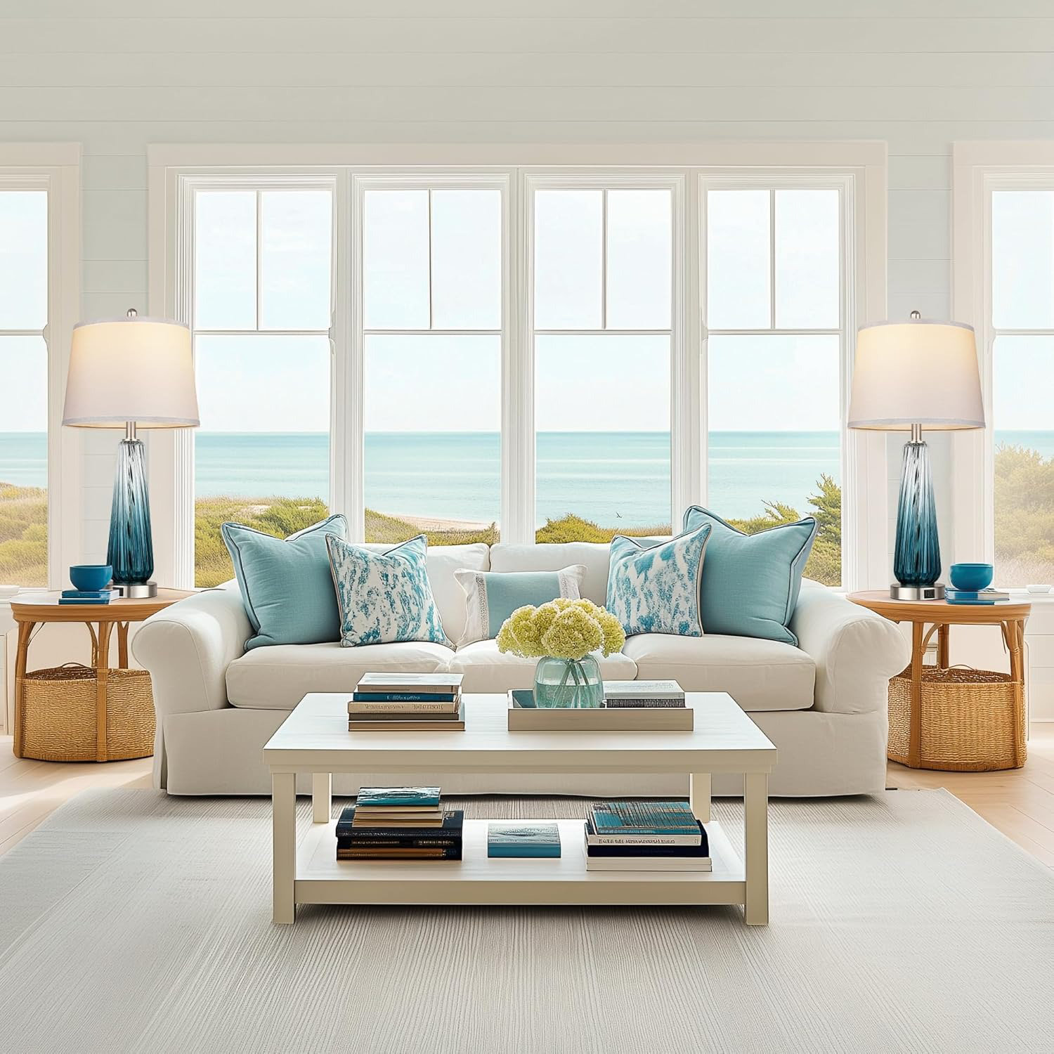 Ivy Bronx Set Of 2 Teal Glass Table Lamps With With Usb A+c Ports | Wayfair