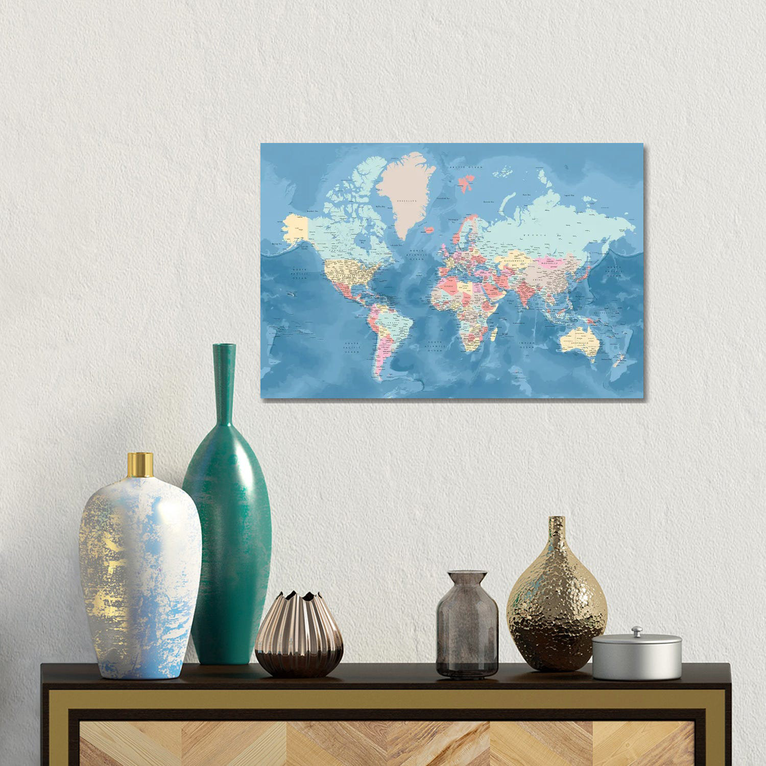 Latitude Run® Detailed World Map With Cities In Pastel Colors, Vickie ...