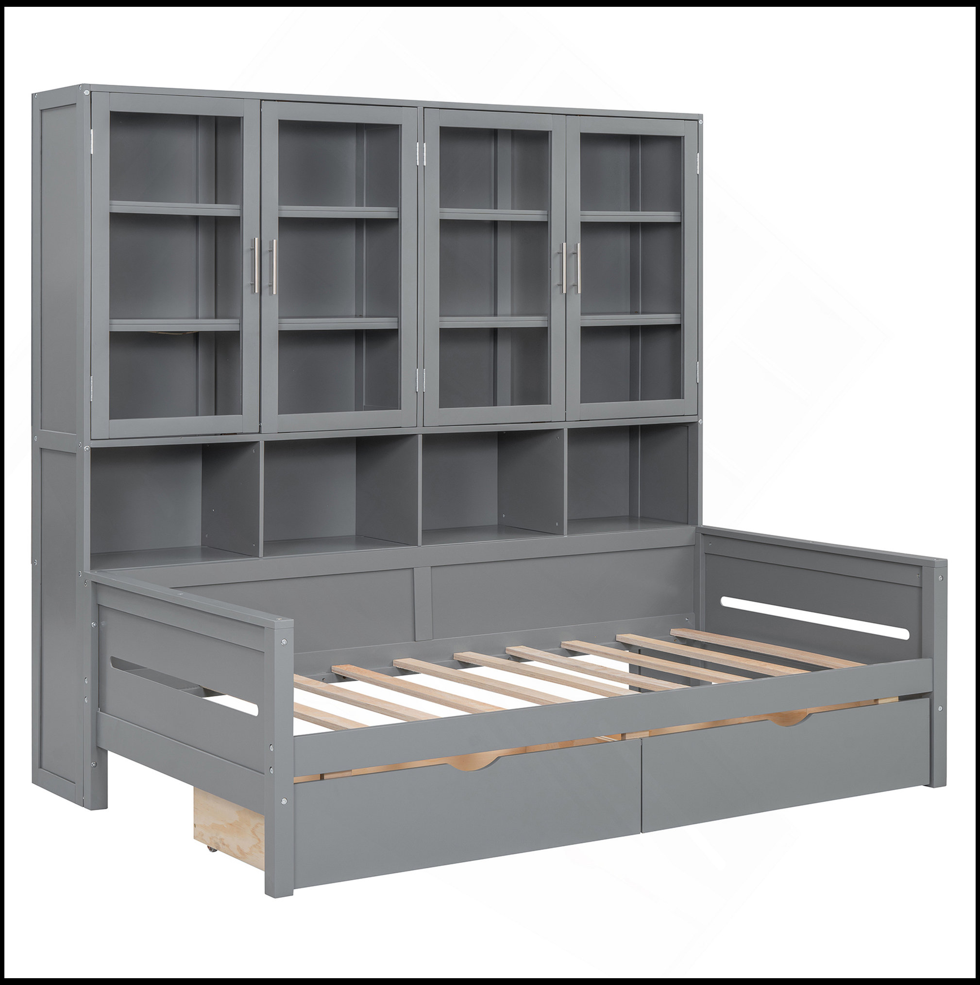 Orren Ellis Wooden Daybed With Glass-Door Storage Cabinets, Built-In ...