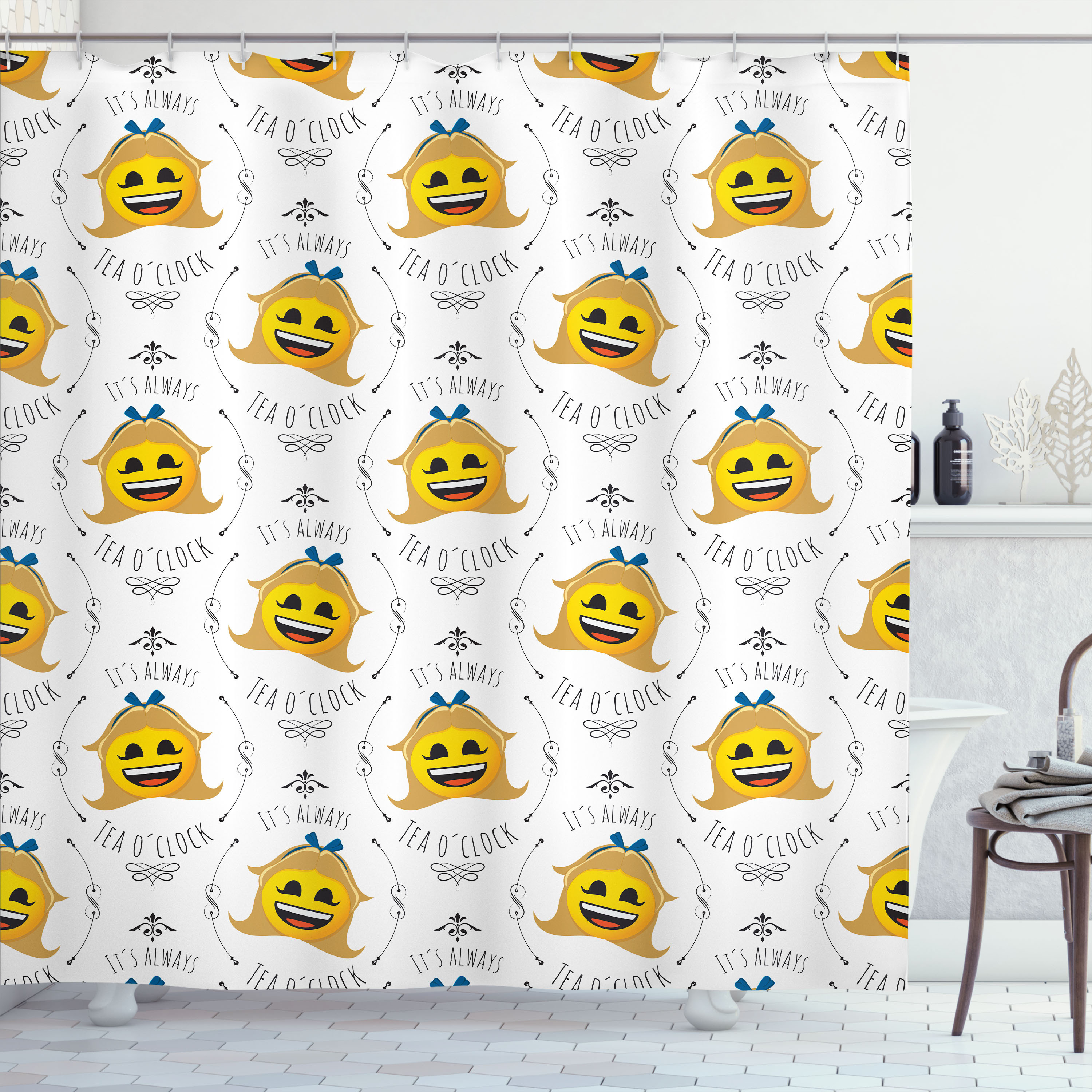 Ambesonne Emoji Shower Curtain Damask Floral Cheery Face Art White ...
