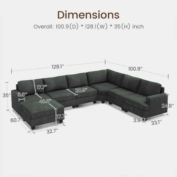 Hokku Designs Maureece U Shaped Corduroy Sectional Modular Sofa With ...