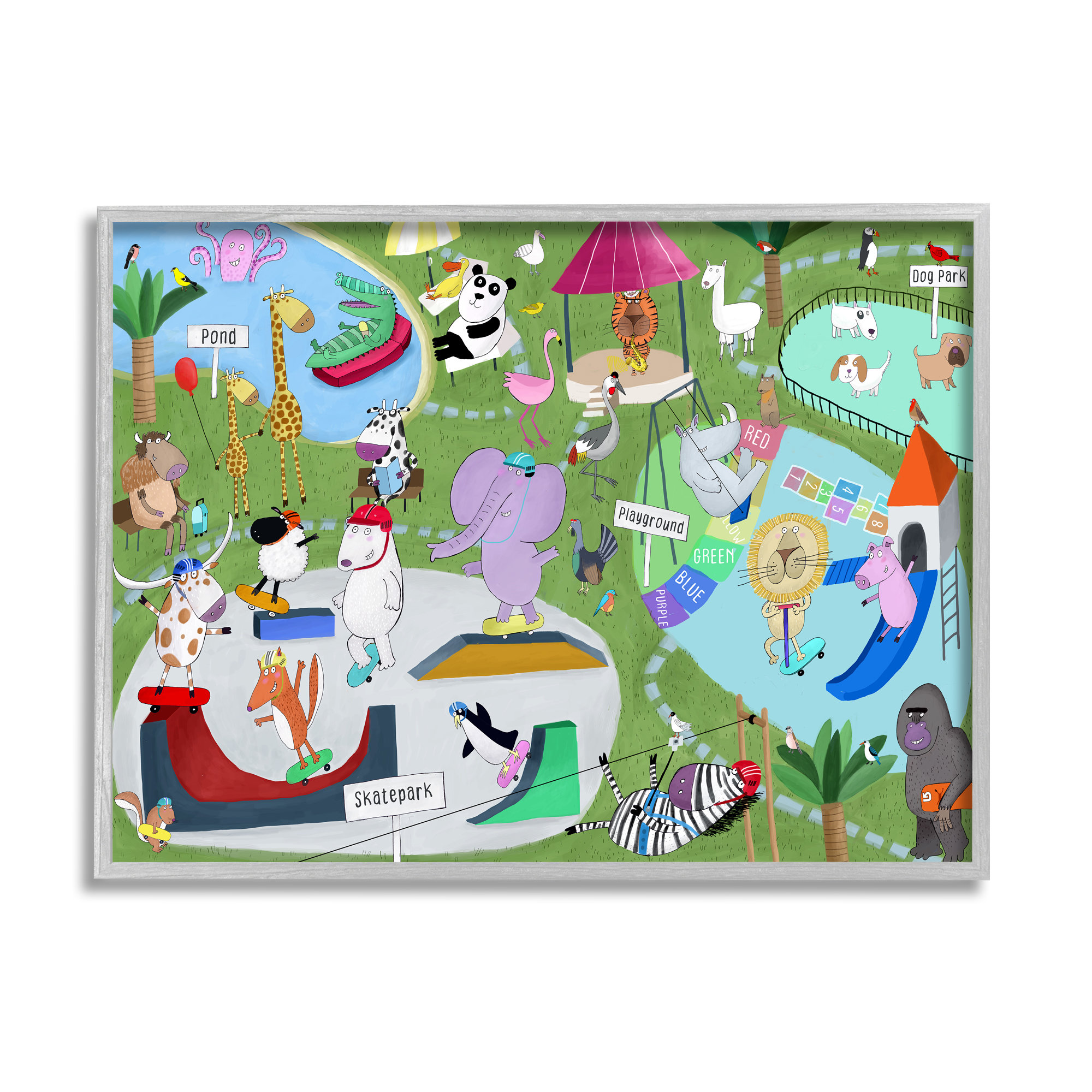 Mason & Marbles Animals In Skateboard Park Framed Giclee Art Design By ...