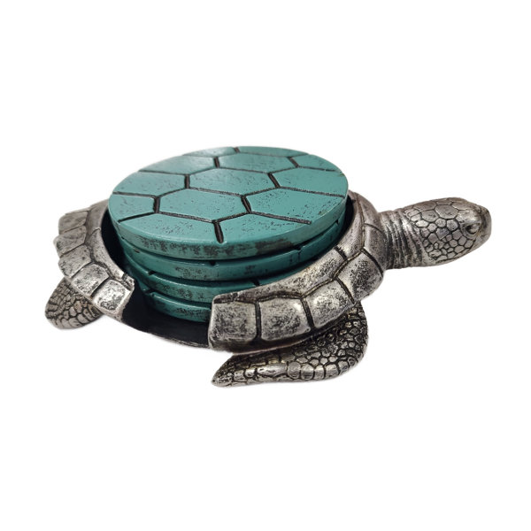 Bay Isle Home™ Polyresin Silver Turtle with Turquoise Shell Coaster 4 ...