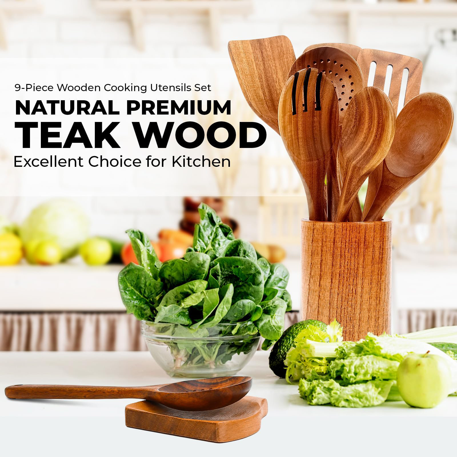 HAPPY LIFE Teak Wood Cooking Utensil Set - Natural Wooden Kitchen Tools ...