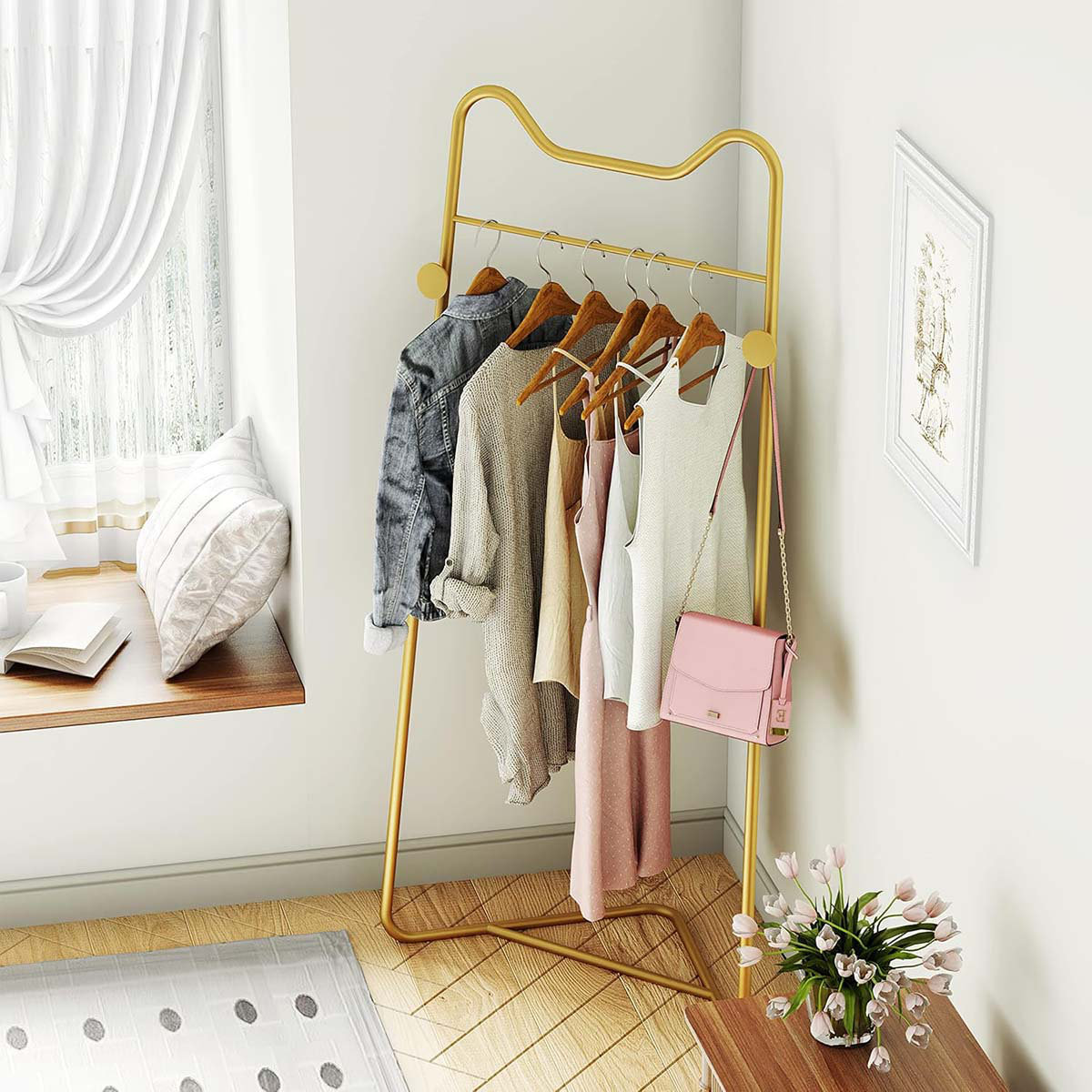 Mercer41 Gold Metal Corner Coat Rack, Modern Clothing Rack Hall Tree ...