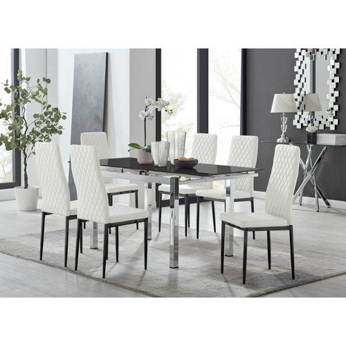 East Urban Home Tierra Modern Glass & Metal Extendable Dining Table Set ...