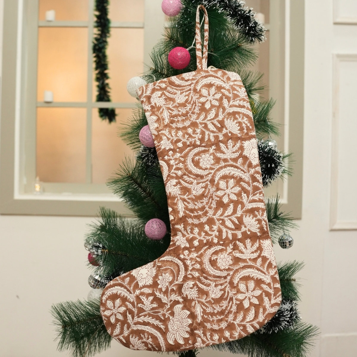 The Holiday Aisle® Handmade Floral Block Printed Christmas Stocking ...