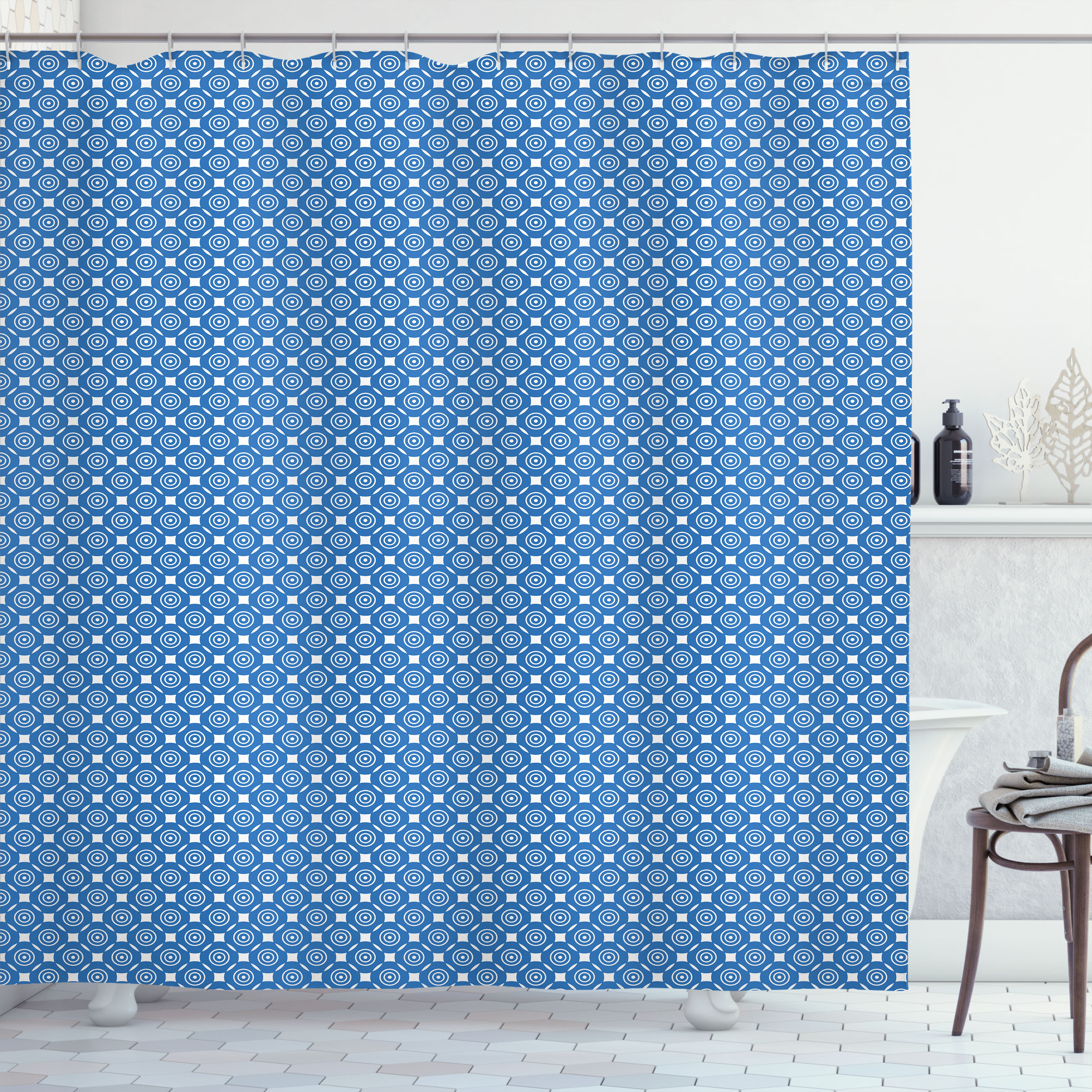 East Urban Home Blue and White Shower Curtain Rectangular Shapes White ...
