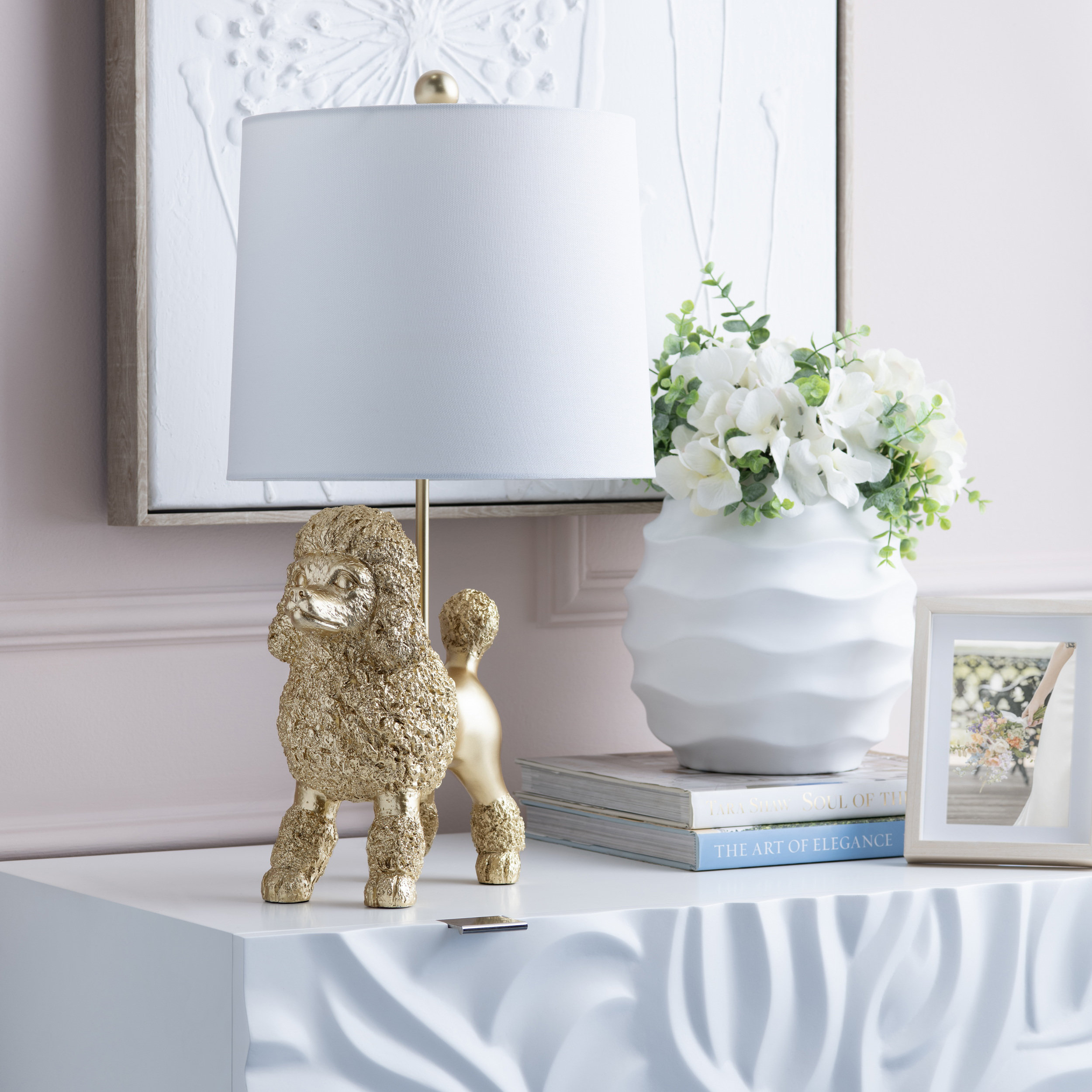 House of Hampton Gold Resin Poodle Dog Table Lamp With Linen Shade ...