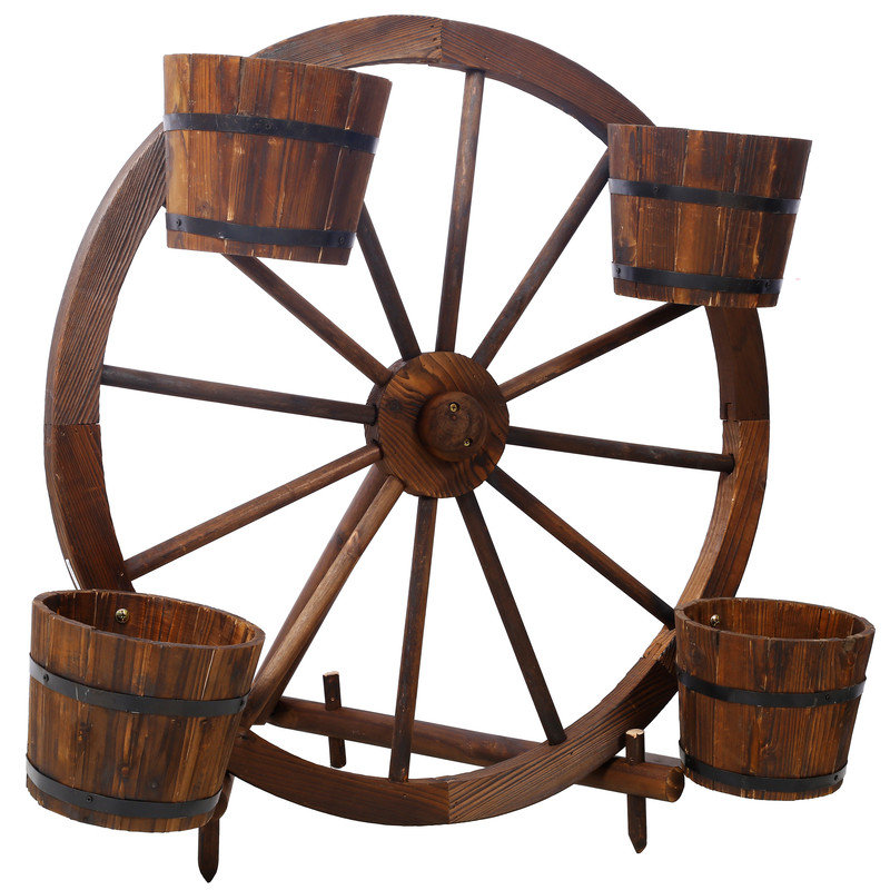 Latitude Run® Wood wagon wheel barrel planter,Wagon Wheel Barrel ...