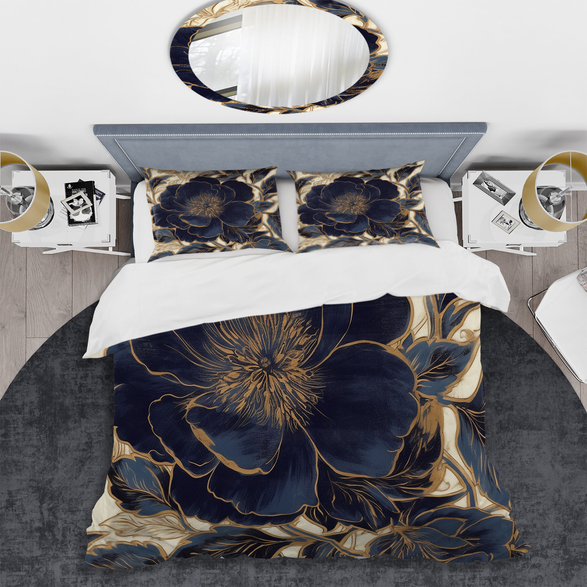 Design Art Blue Gold Peonies Celebration IV BeddingMicrofiber ...