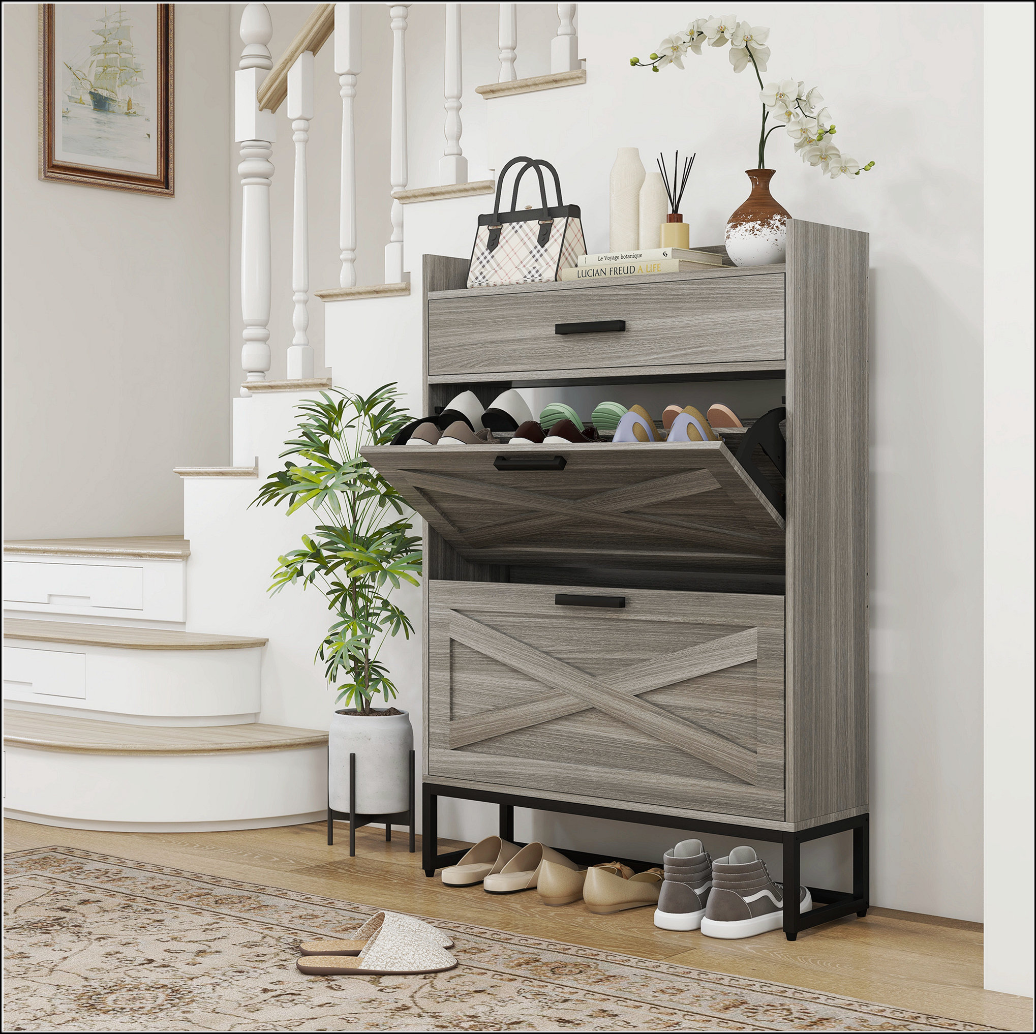 Gracie Oaks Narrow Shoe Cabinet, Industrial Shoe Storage Cabinet with 2 ...