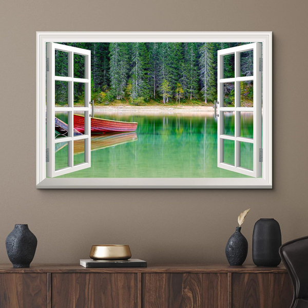 IDEA4WALL Window Scenery " Window View Landscape Red Boat On Forest ...