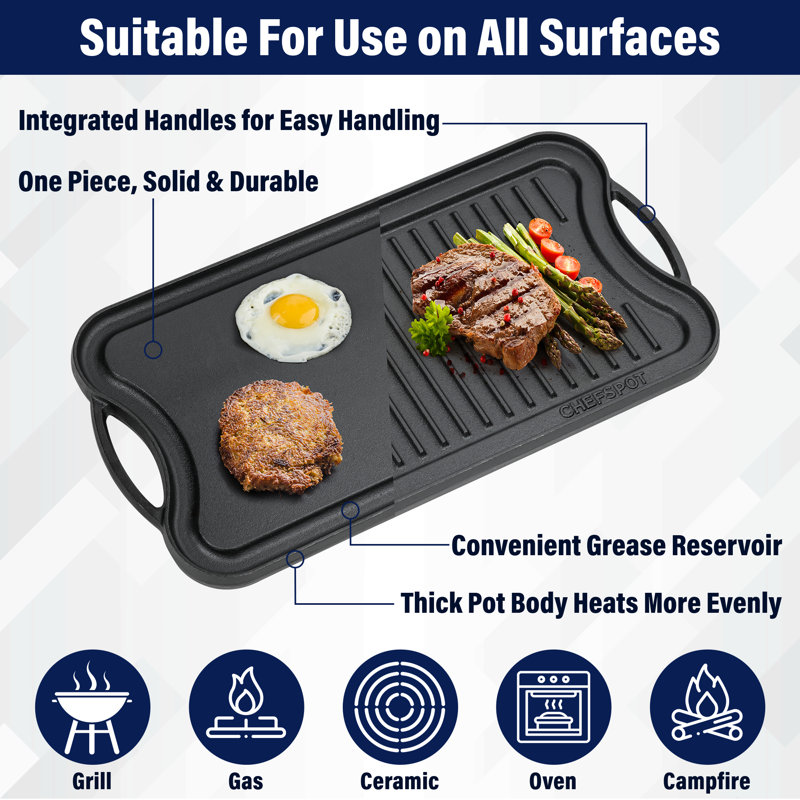 CHEFSPOT Preseasoned Cast Iron Reversible Grill Griddle Plate Pan - 20 ...