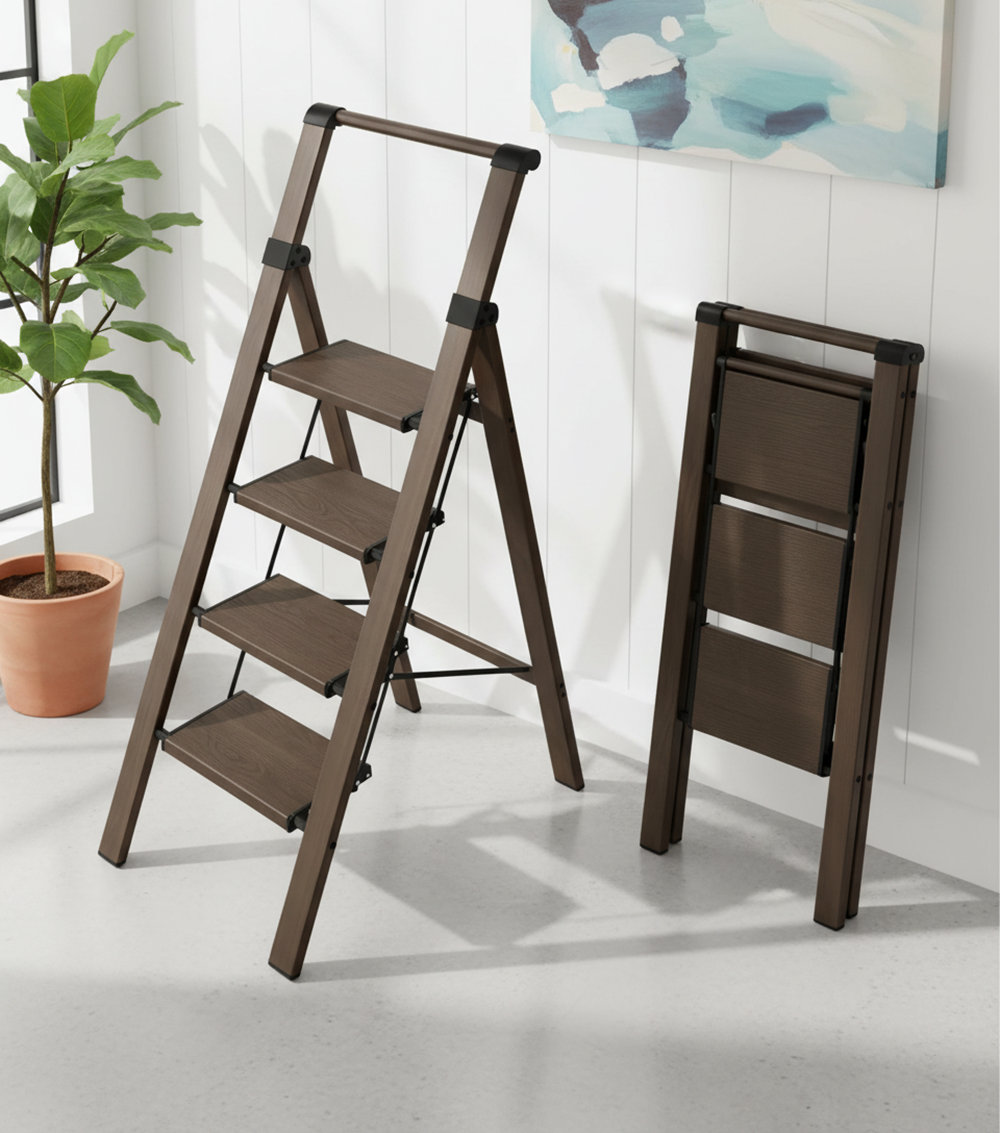 Latitude Run® Walnut-Colored Four-Step Folding Aluminum Alloy Ladder ...