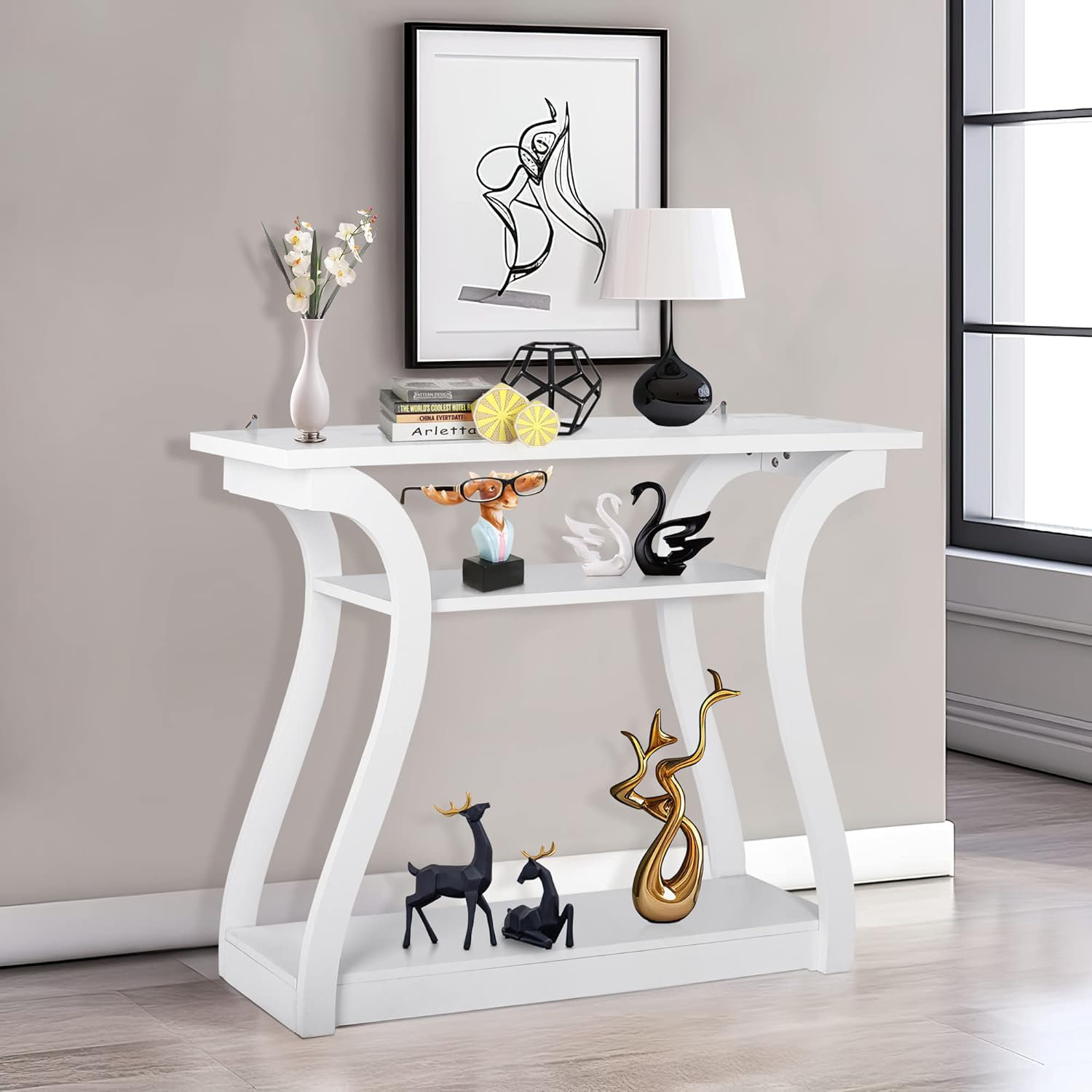 Winston Porter Wood Console Table With Curved Legs And Shelf, 3 Tier ...