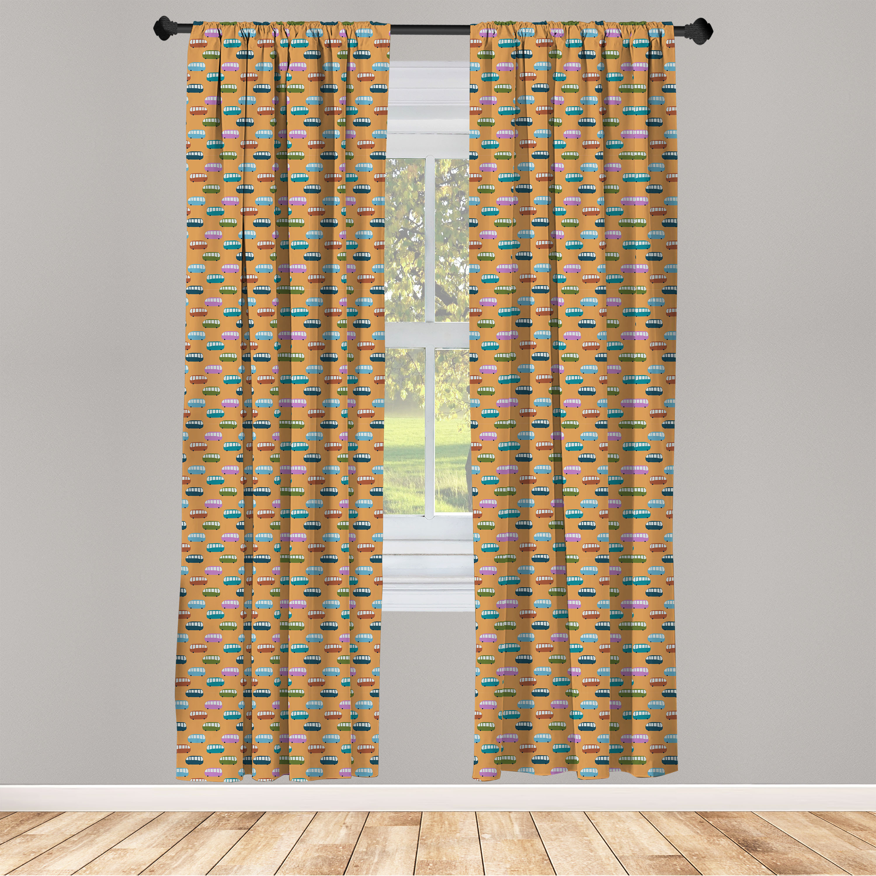 East Urban Home Travel 4-Panel Curtains, Cartoon Colorful Bus Art ...
