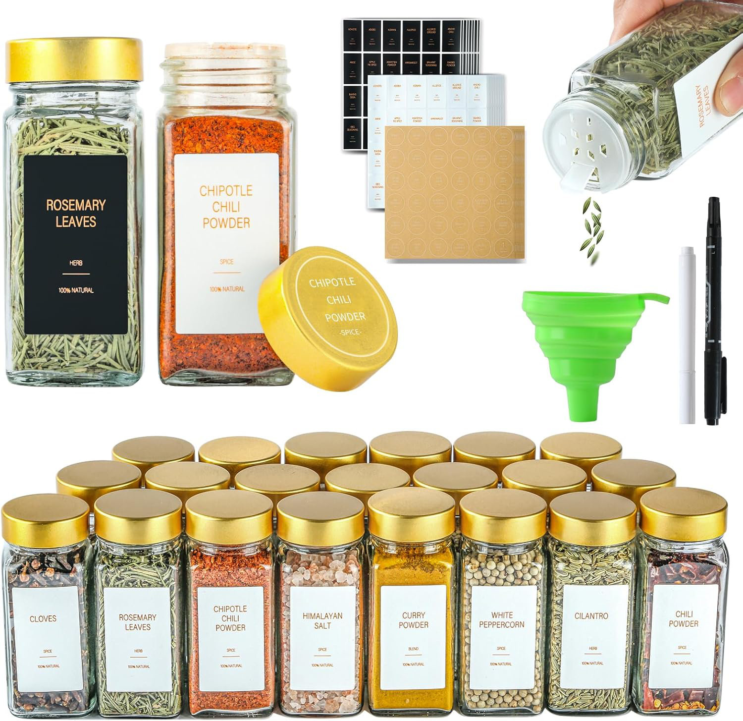 Mint Pantry® Gold Spice Jars With Label,4Oz Seasoning Containers, Glass ...