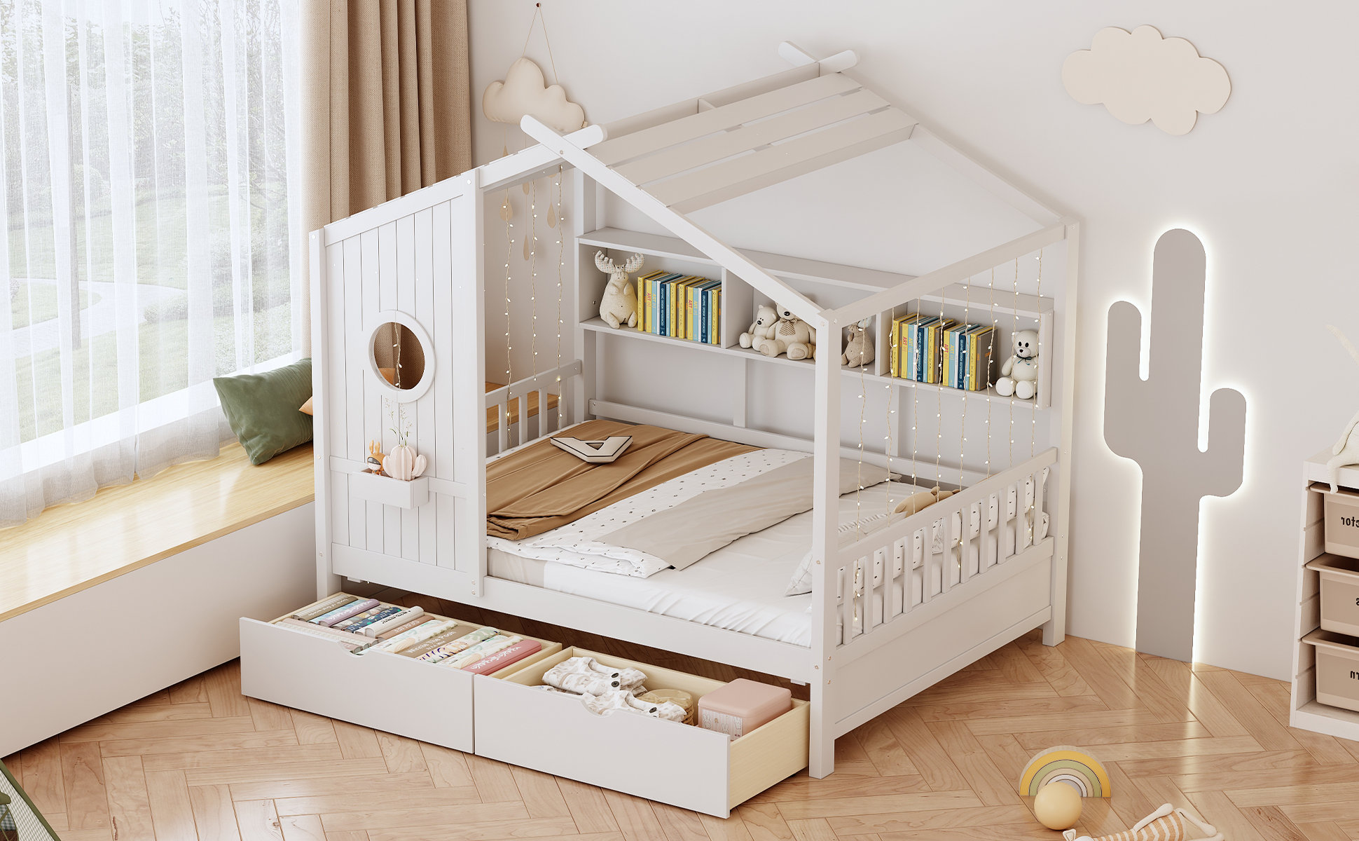 Harper Orchard Adreinne Pinewood Frame Wooden House Bed with Two Big ...