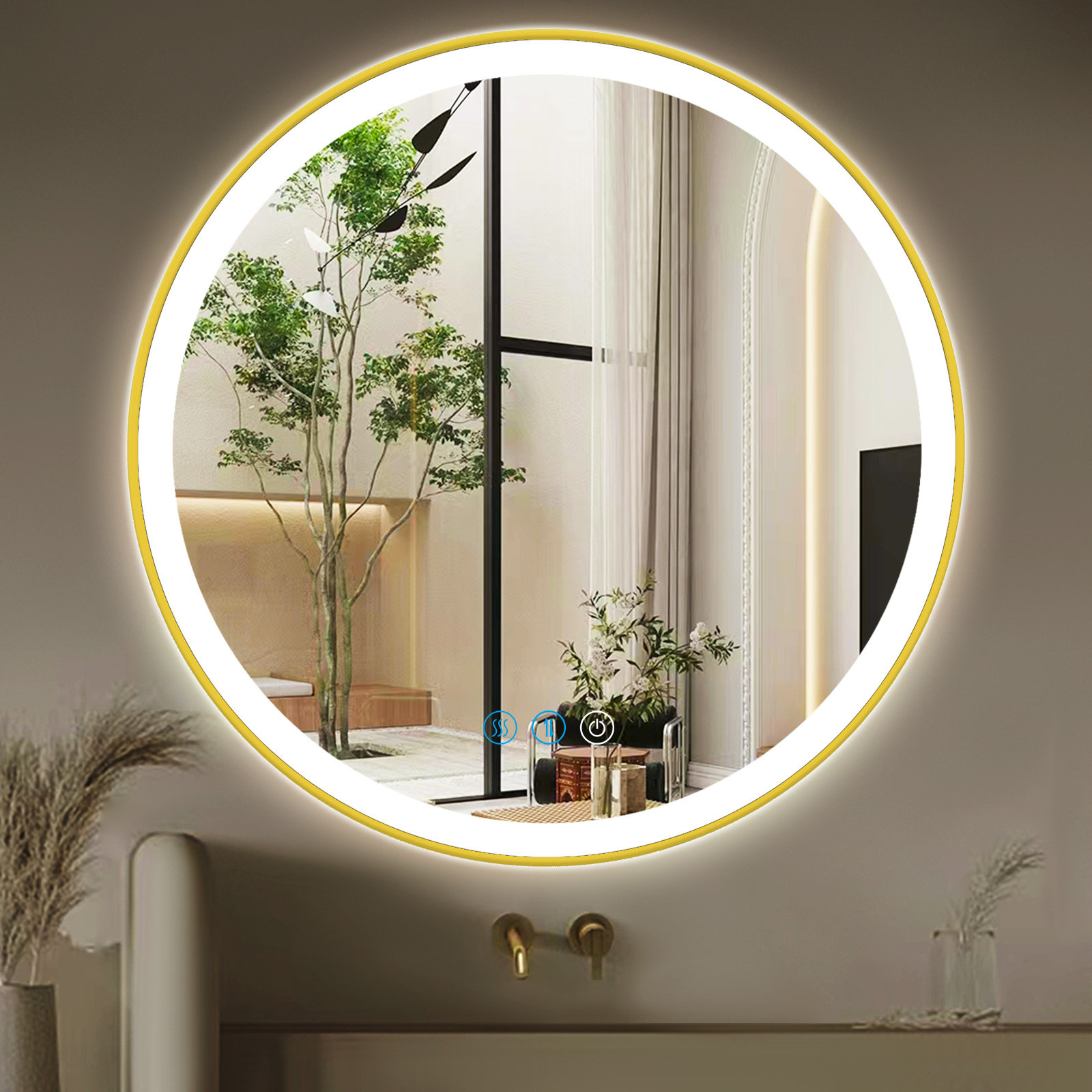 Ivy Bronx 30 Inch Gold Bathroom Round Led Mirror With Gold Frame Round ...