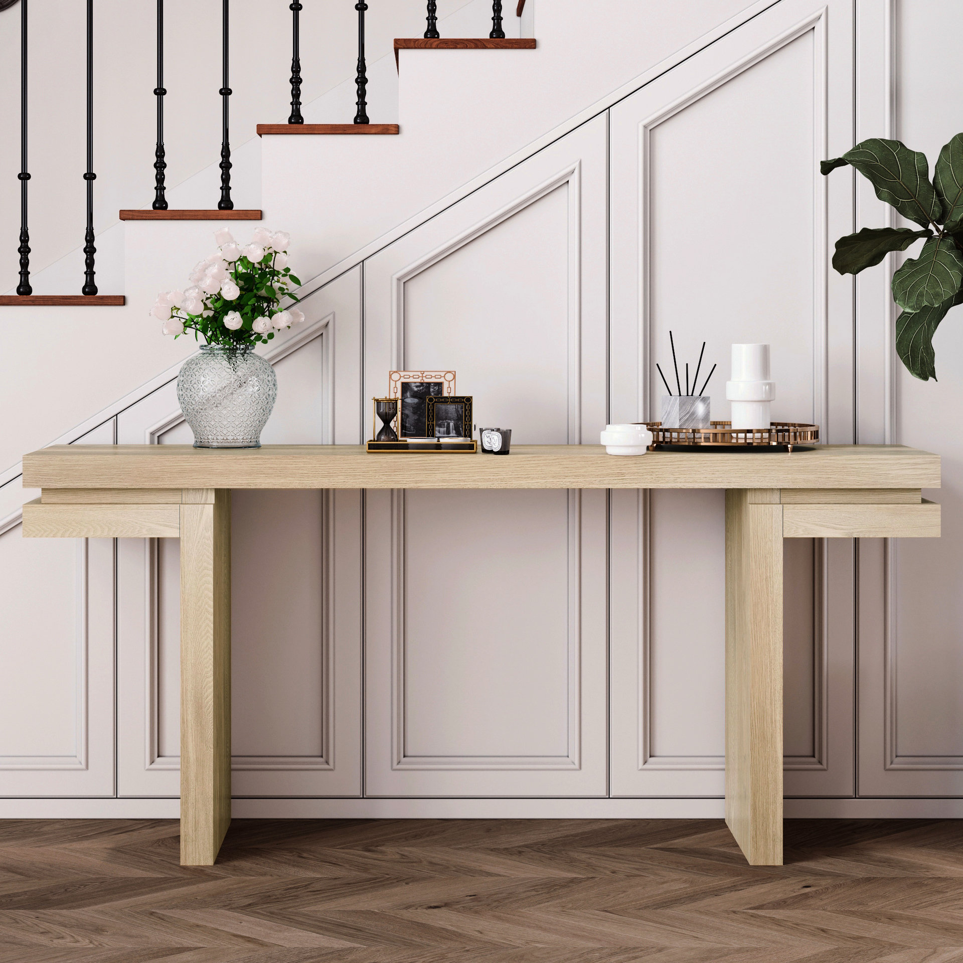 Latitude Run® 66" Extra Wide Console Table In Distressed Oak, Real Wood ...