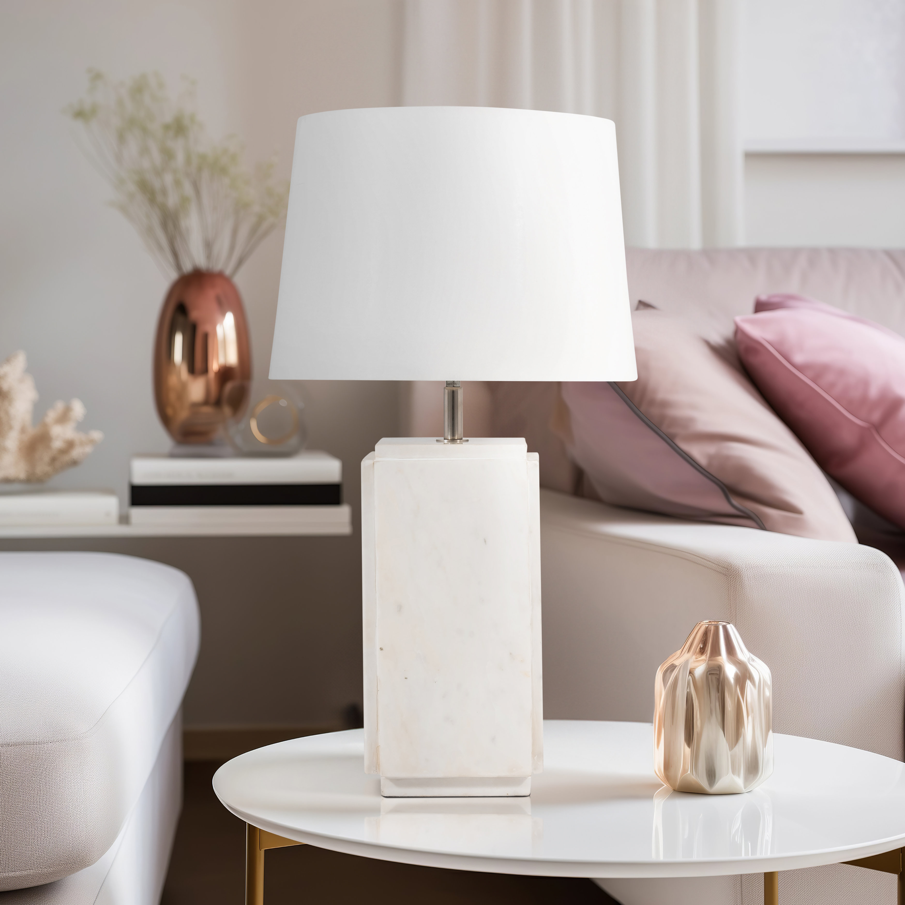 Orren Ellis Neutral Modern, Marble, Fluted Table Lamp, White and Off ...
